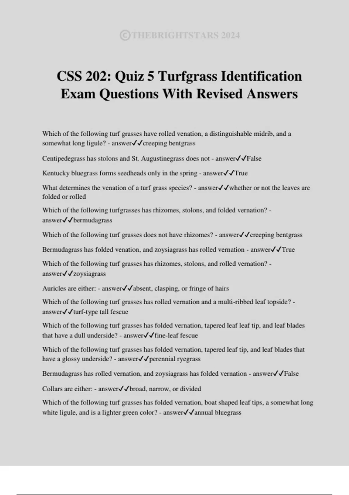CSS 202: Quiz 5 Turfgrass Identification Exam Questions With Revised Answers - CSS 202 - Stuvia US