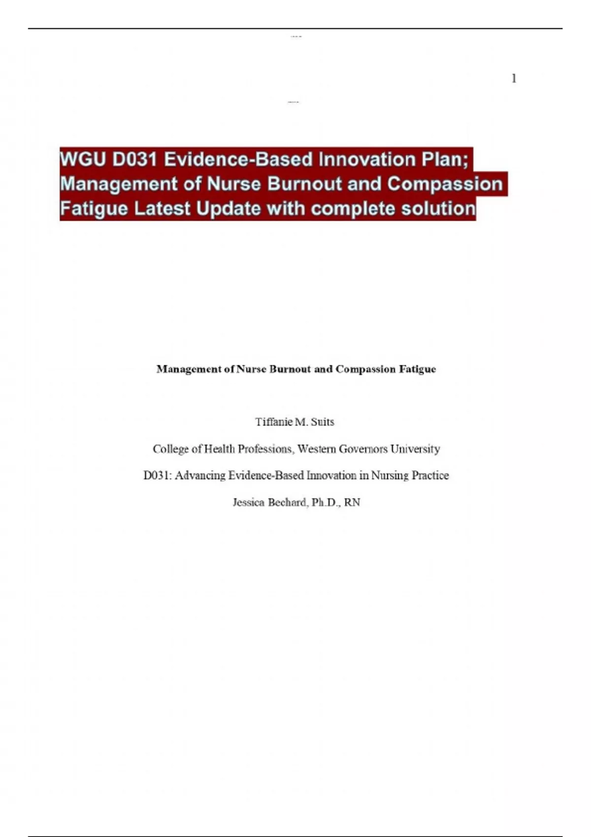 WGU D031 Evidence-Based Innovation Plan; Management of Nurse Burnout ...