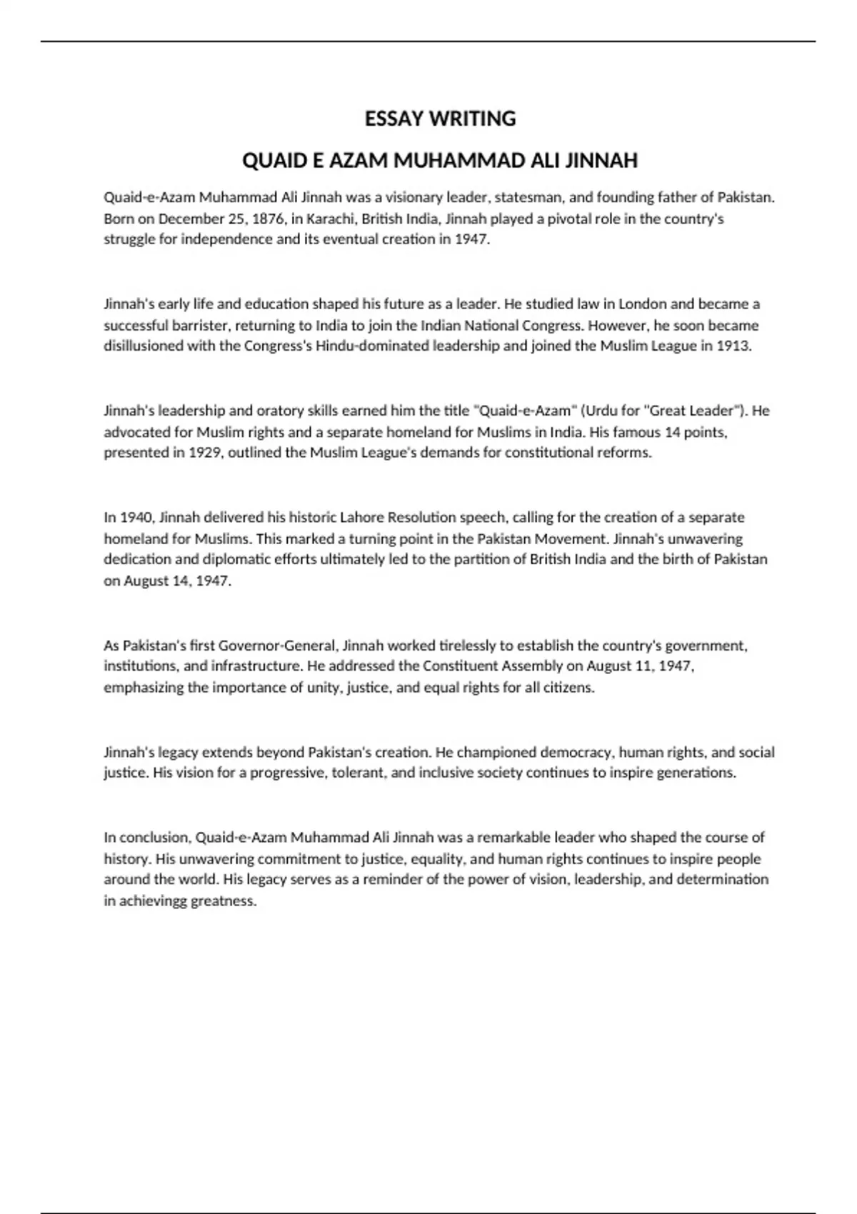 ESSAY WRITING ABOUT FOUNDER OF PAKISTAN - ENGLISH SUBJECT ESSAYS ...