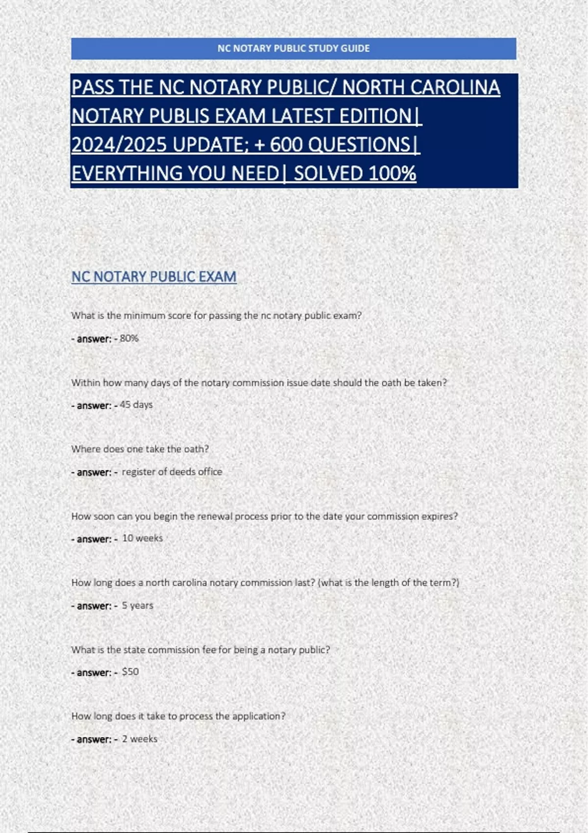 PASS THE NC NOTARY PUBLIC/ NORTH CAROLINA NOTARY PUBLIC EXAM LATEST ...