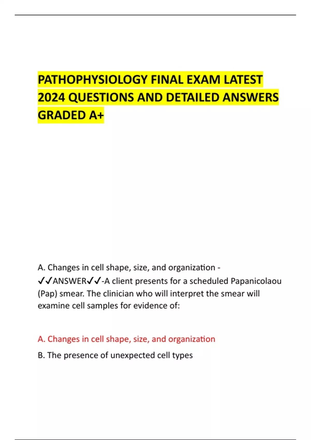 PATHOPHYSIOLOGY FINAL EXAM LATEST 2024 QUESTIONS AND DETAILED ANSWERS ...