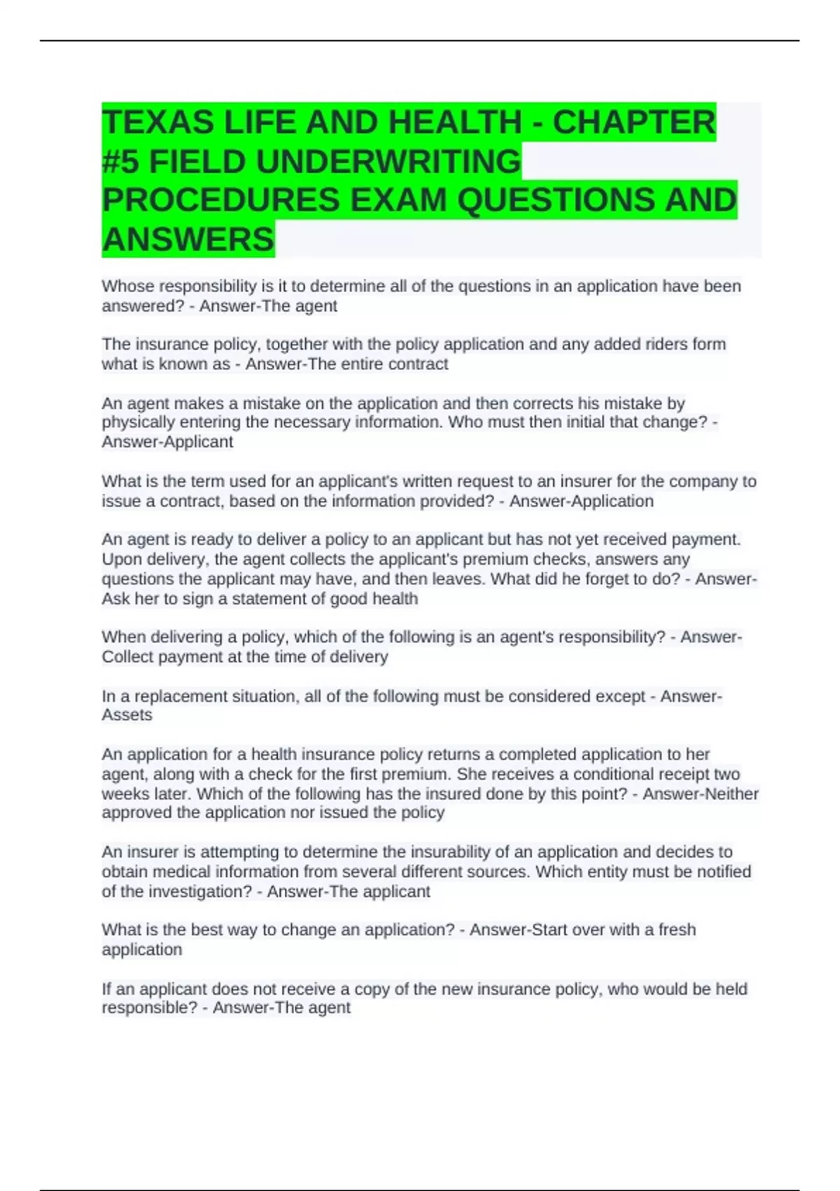 TEXAS LIFE AND HEALTH - CHAPTER #5 FIELD UNDERWRITING PROCEDURES EXAM ...