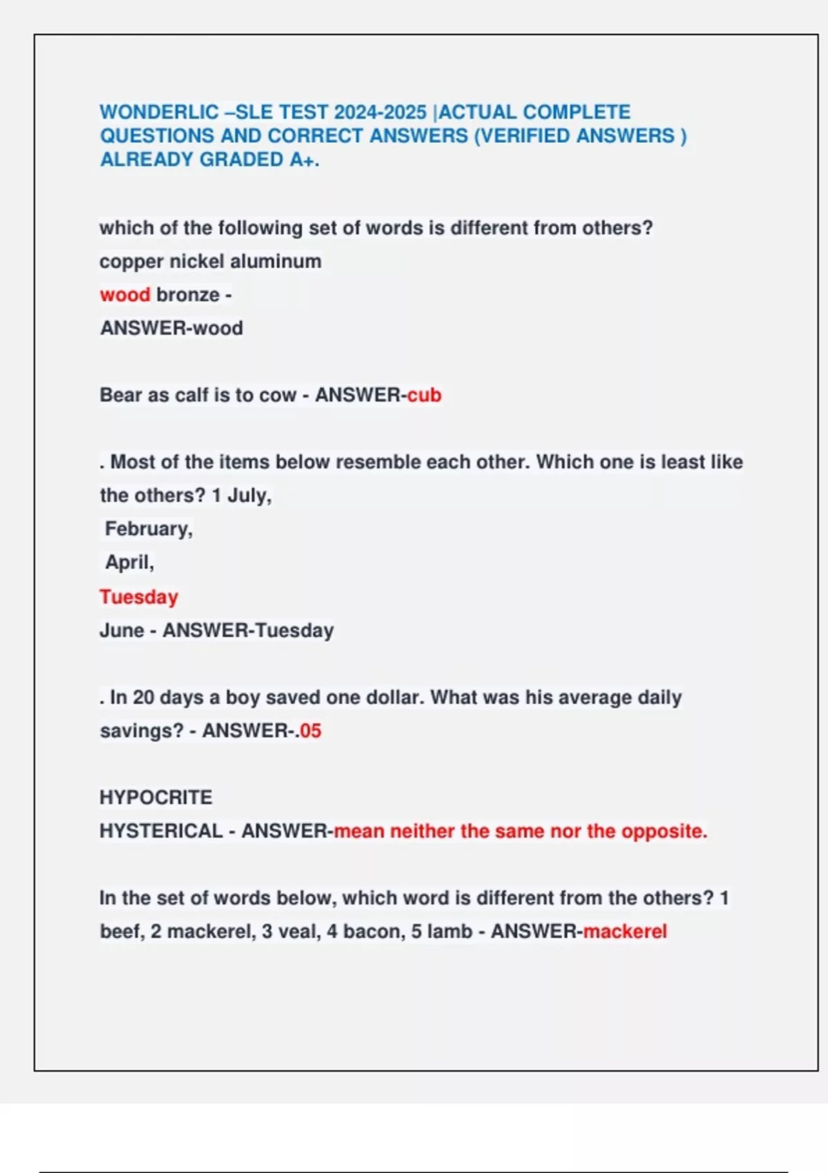 WONDERLIC –SLE TEST |ACTUAL COMPLETE QUESTIONS AND CORRECT ANSWERS ...