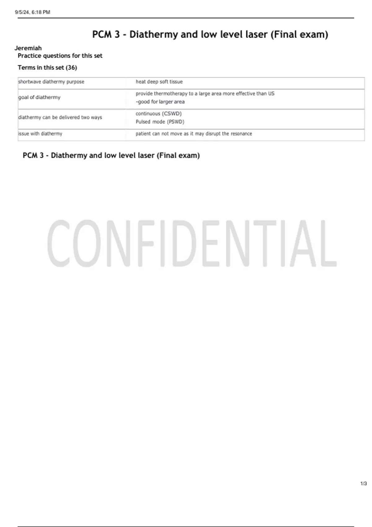 PCM 3 - Diathermy and low level laser (Final exam) Competed Study Guide 2024 Questions & Answers ...