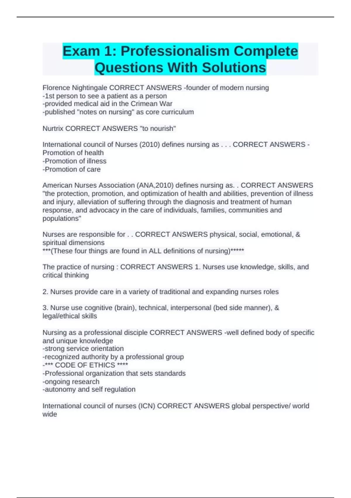 Exam 1: Professionalism Complete Questions With Solutions ...
