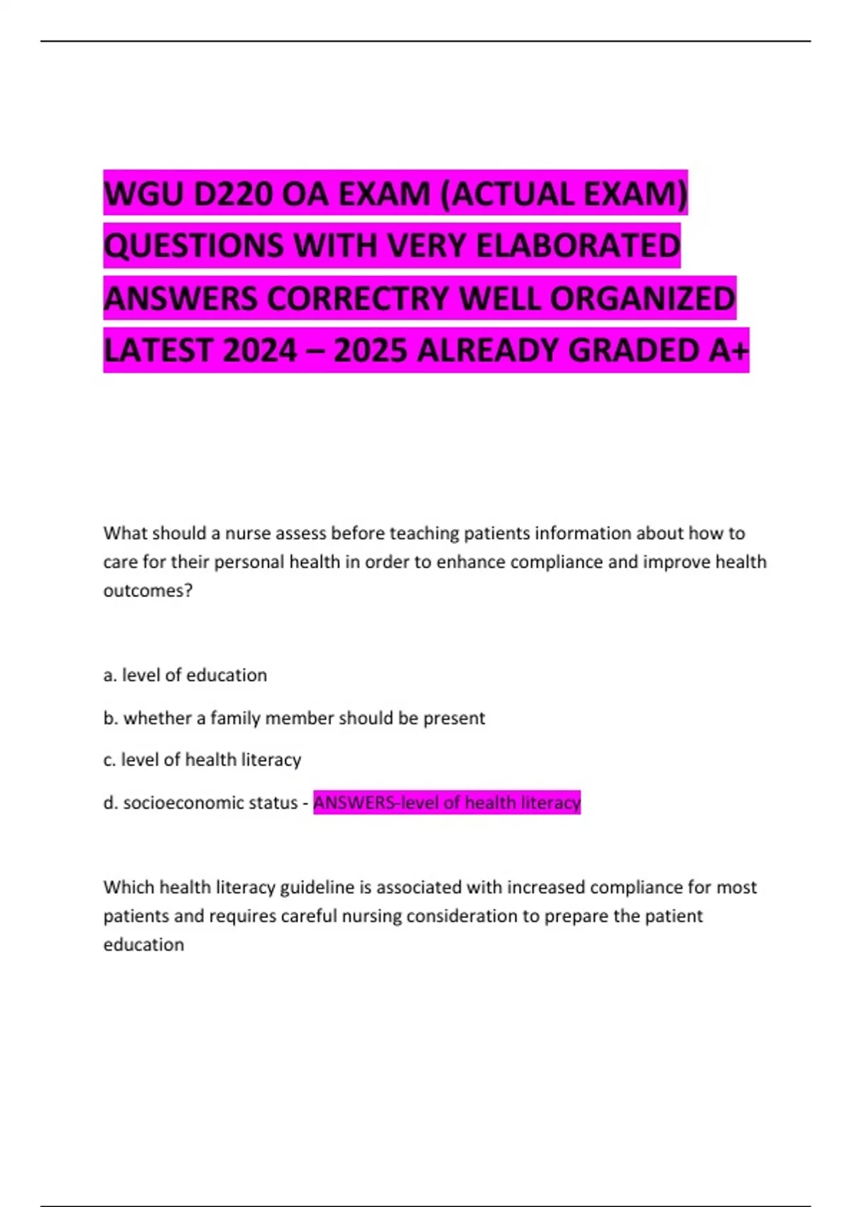 WGU D220 OA EXAM (ACTUAL EXAM) QUESTIONS WITH VERY ELABORATED ANSWERS ...