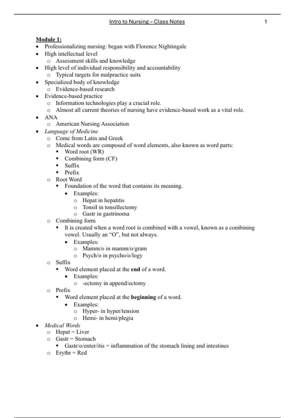 Class Notes - Intro to Nursing - NUR 1055 Intro To Nursing - Stuvia US