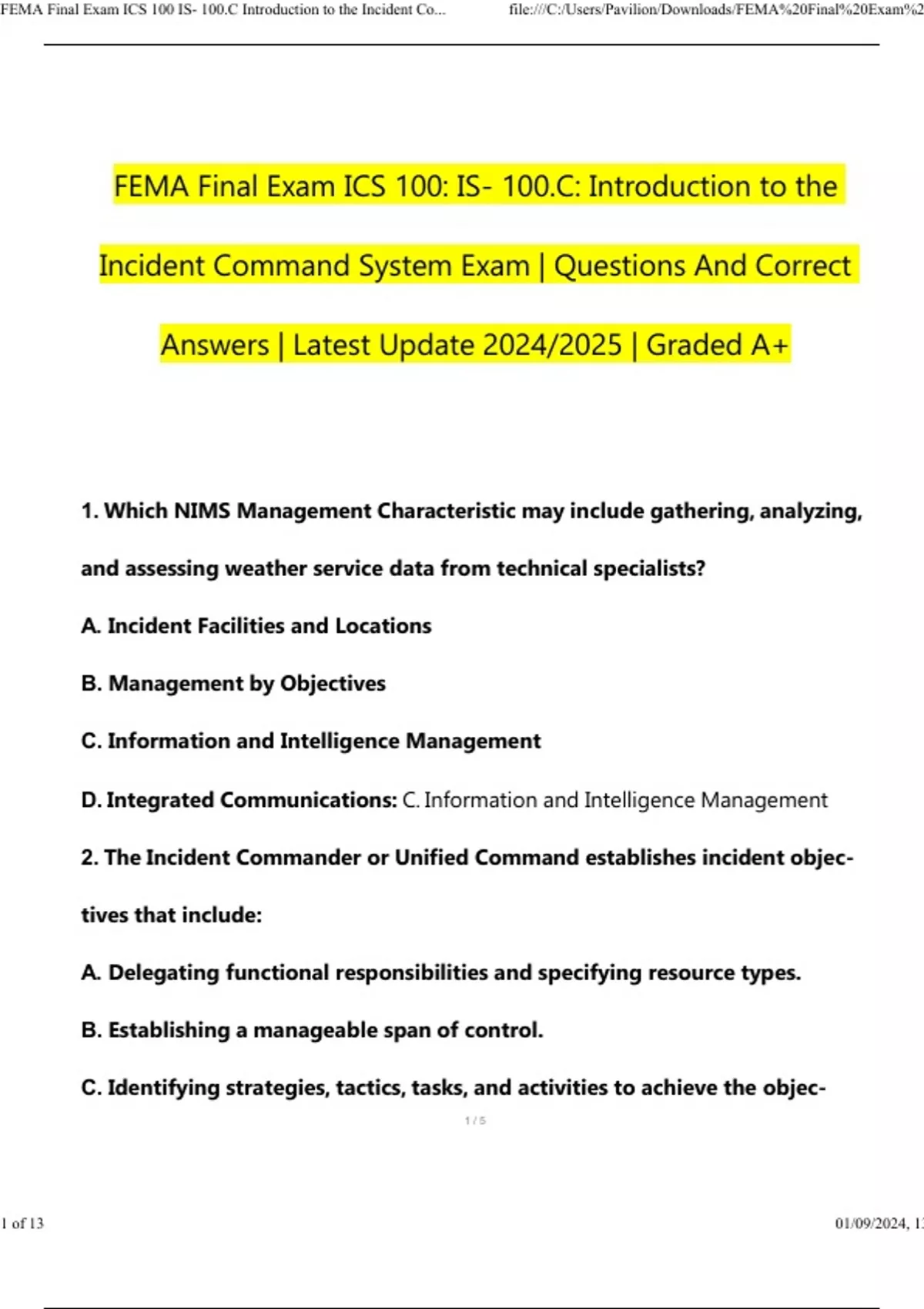 FEMA Final Exam ICS 100: IS-100.C: Introduction to the Incident Command ...
