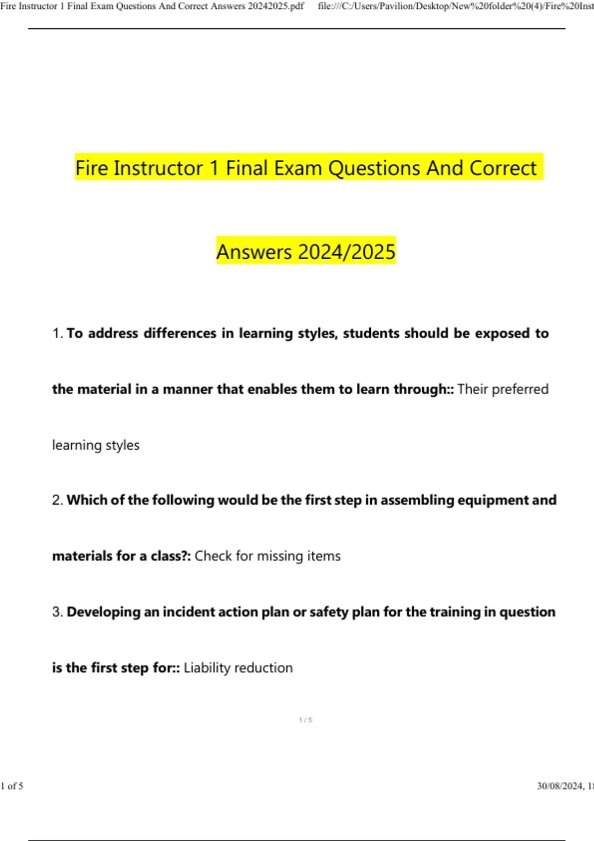 Fire Instructor 1 Final Exam with Verified Solutions 2024 - Fire ...