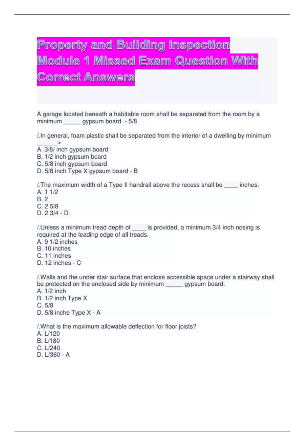 Property and Building Inspection Module 1 Missed Exam Question With ...