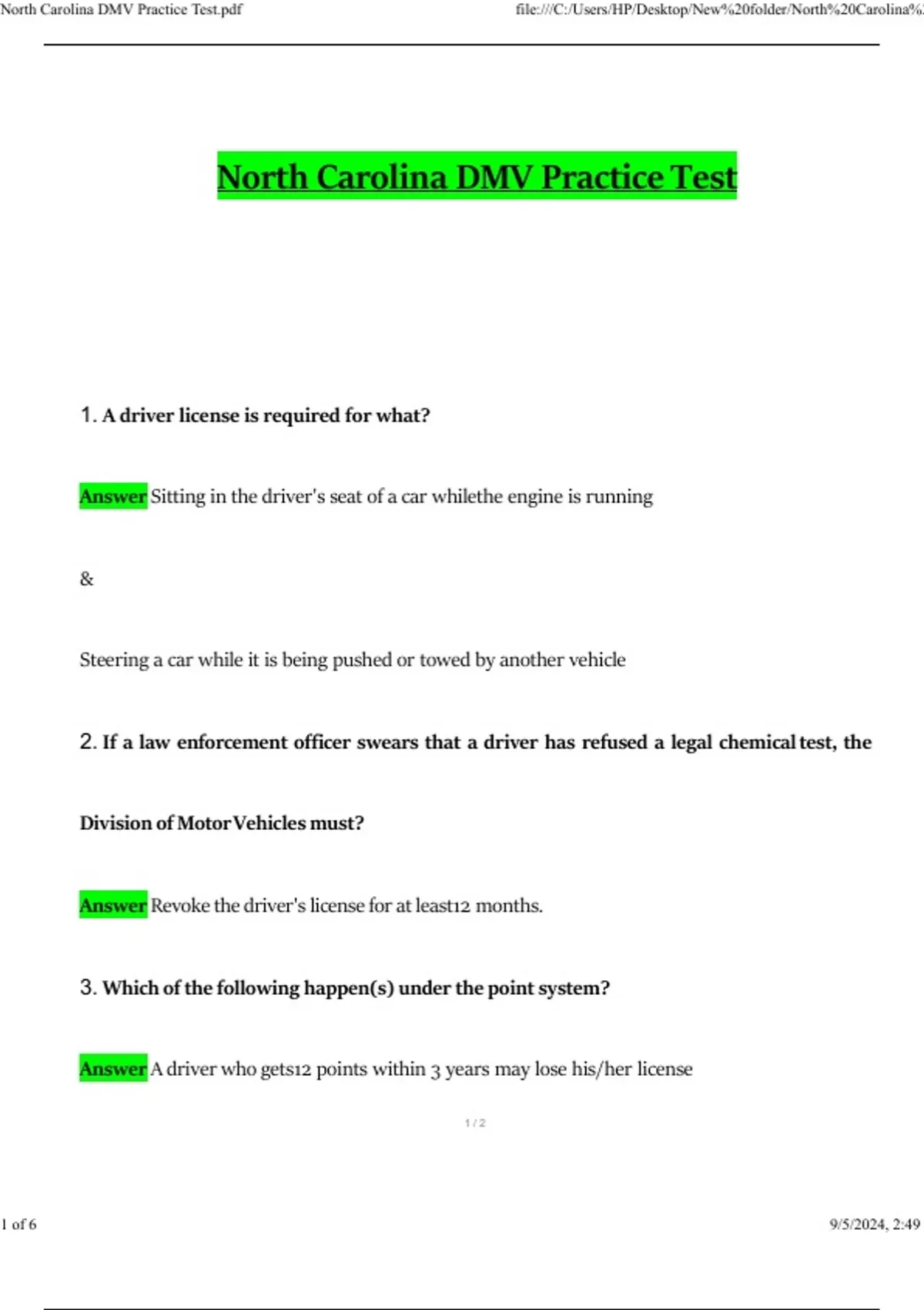 North Carolina DMV Practice Test (2024 / 2025) Updated Questions and ...