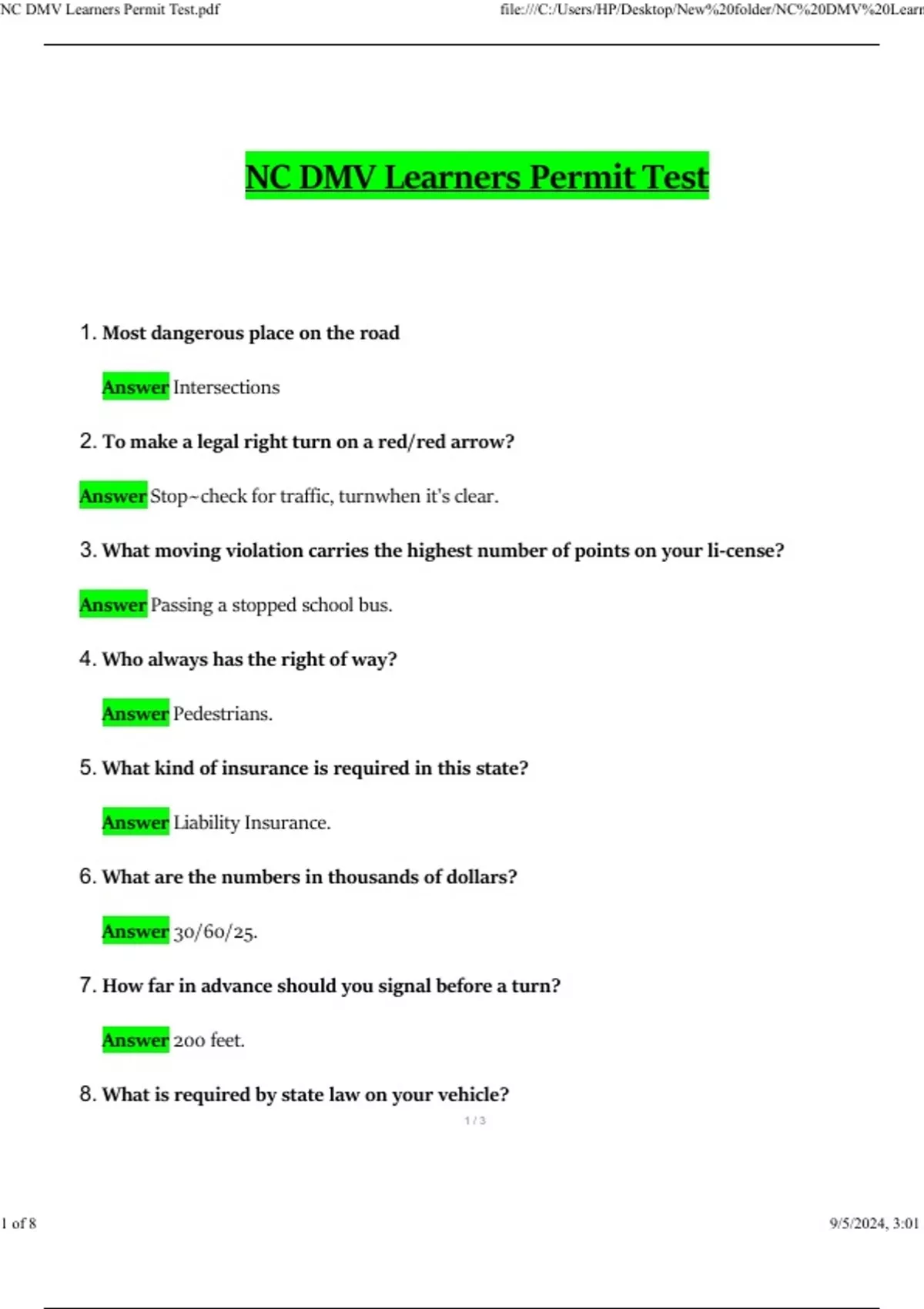 NC DMV Learners Permit Test (2024 / 2025) Updated Questions and ...