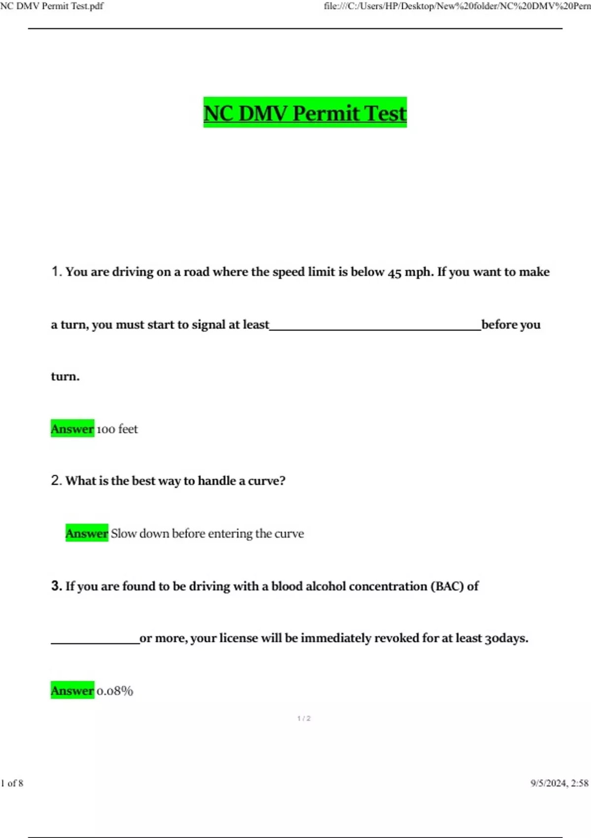 NC DMV Permit Test (2024 / 2025) Updated Questions and Verified Answers ...