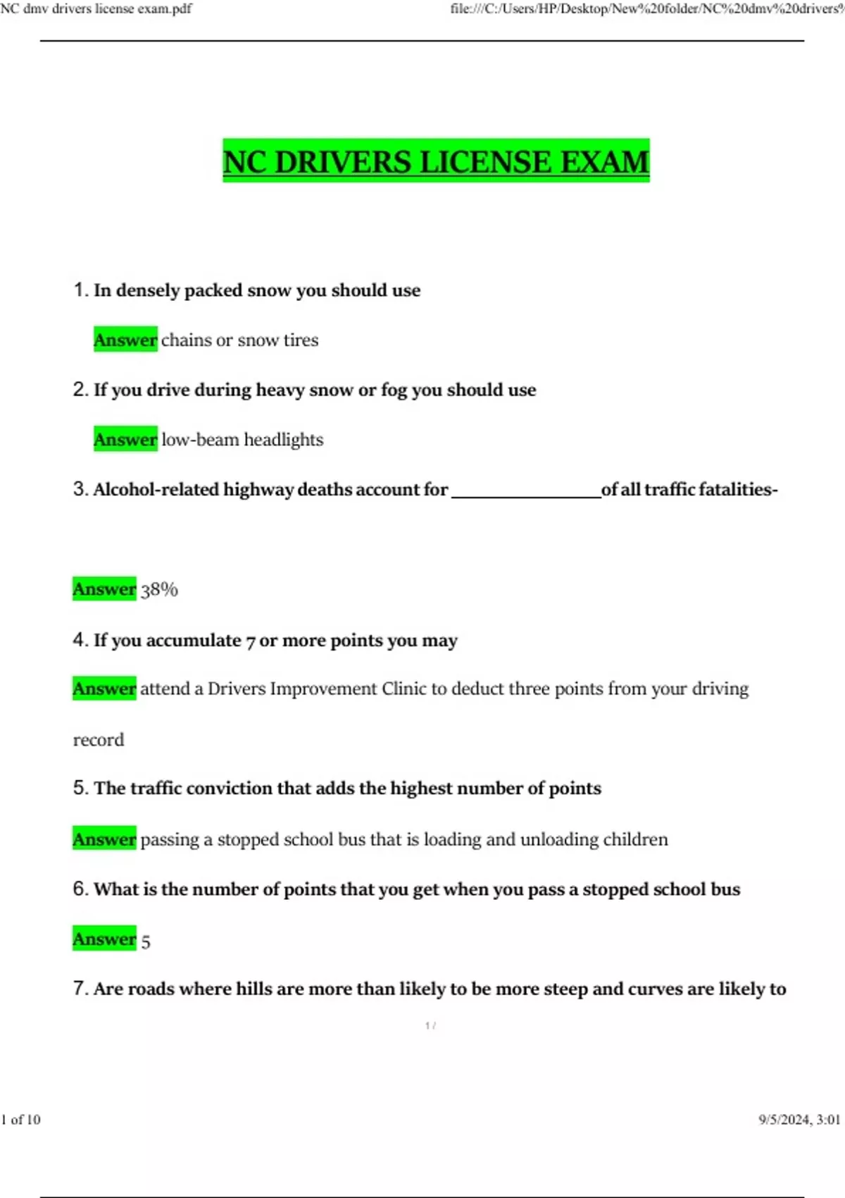 NC DMV Drivers License Exam Questions and Answers 100% Passed - NC DMV ...