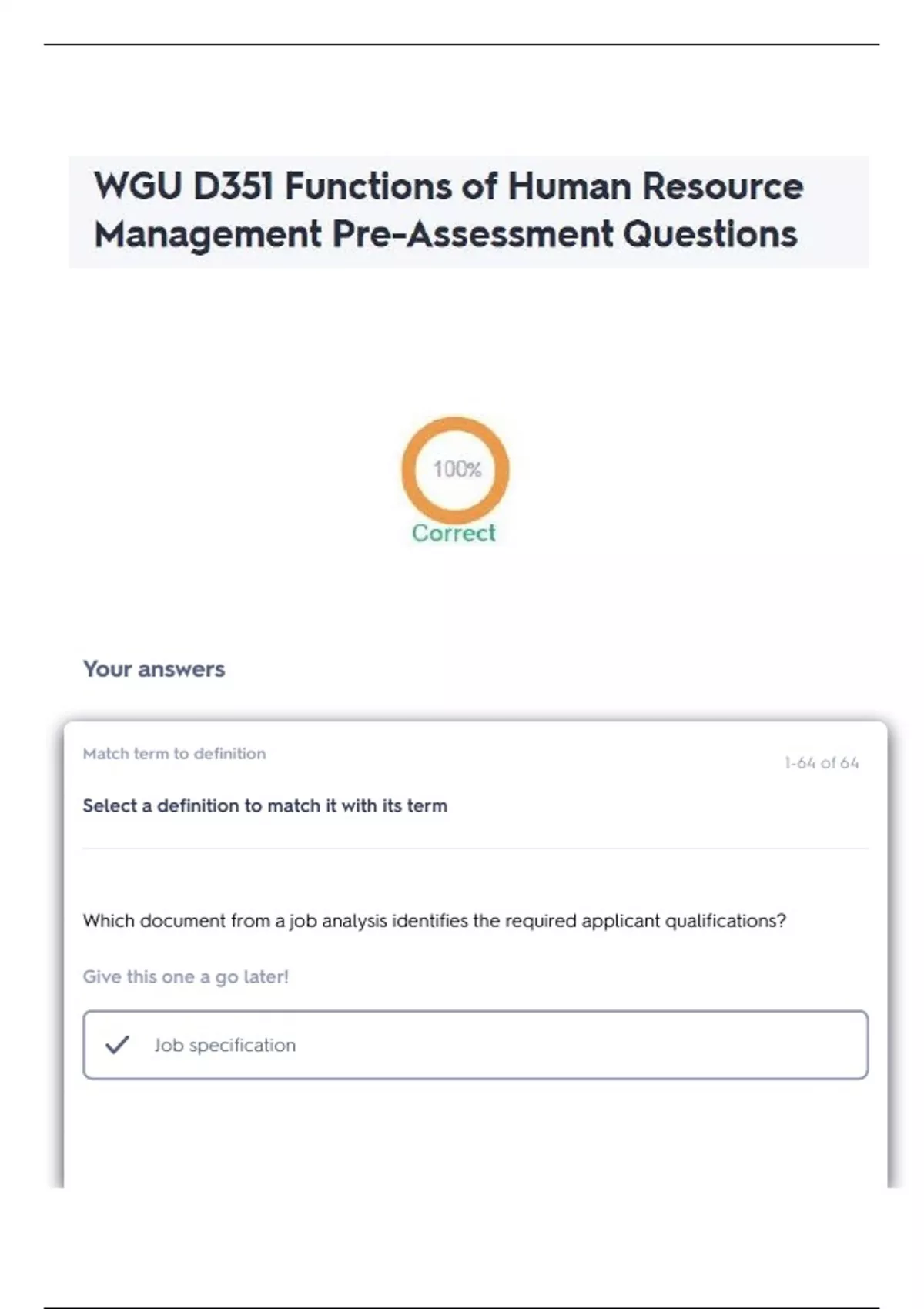 (HRM 2110) D351 Pre-Assessment Questions and Answers for Human Resource ...