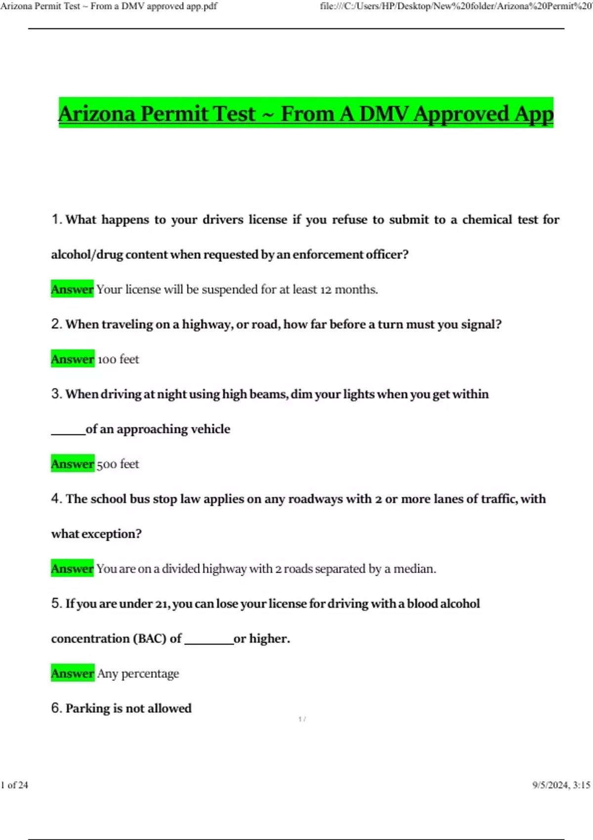 Arizona DMV Permit Test 2024 Questions and Verified Answers, 100% ...