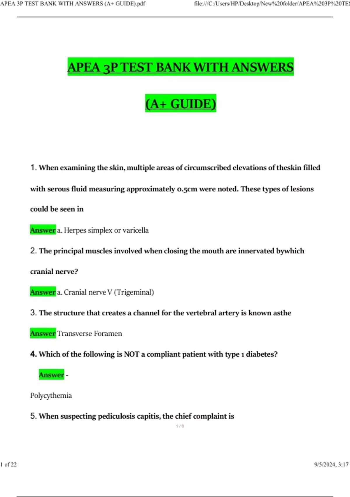 APEA 3P TEST BANK WITH ANSWERS (A+ GUIDE) 2024 Questions and Verified ...