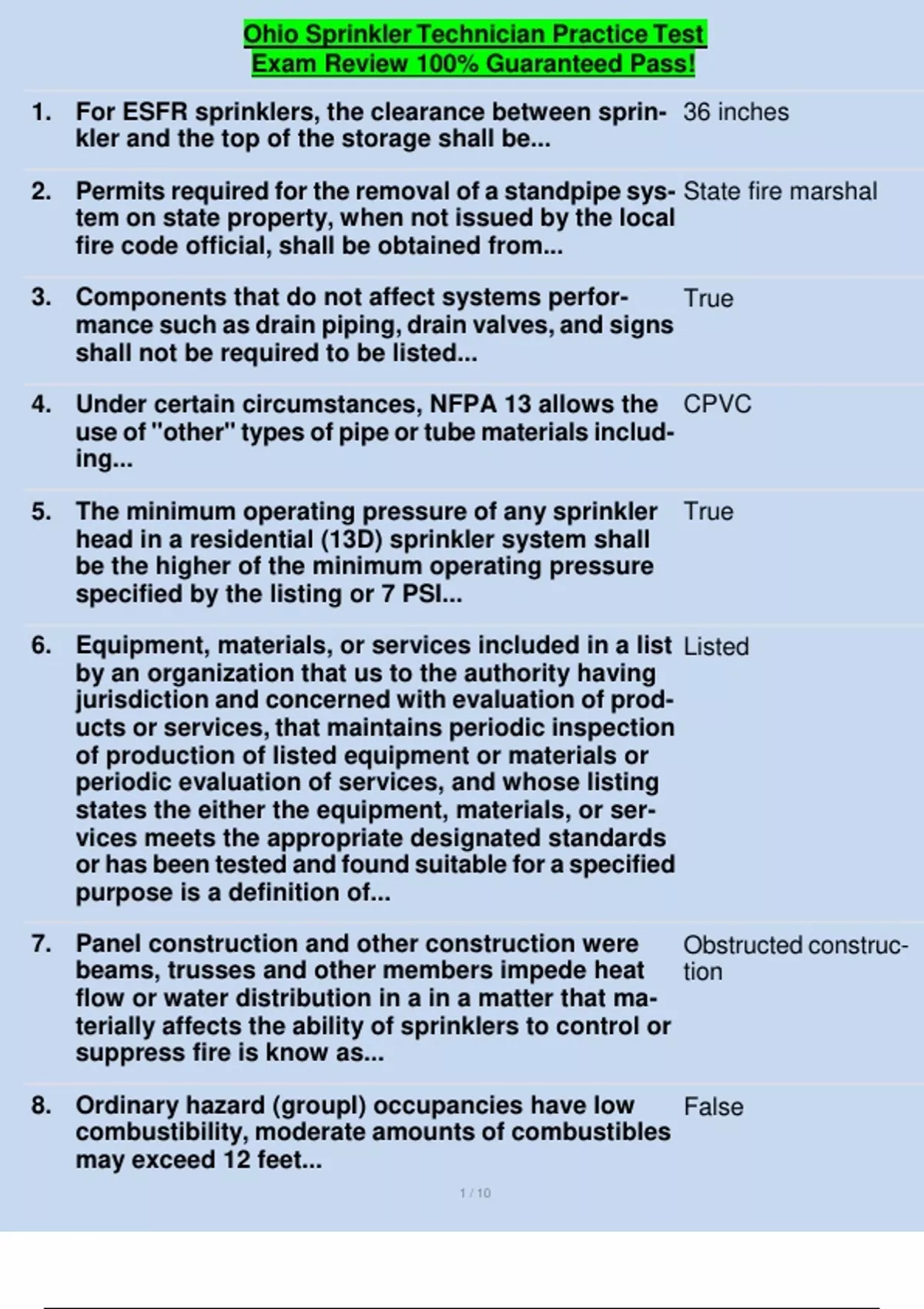 Ohio Sprinkler Technician Practice Test Exam Review 100% Guaranteed ...