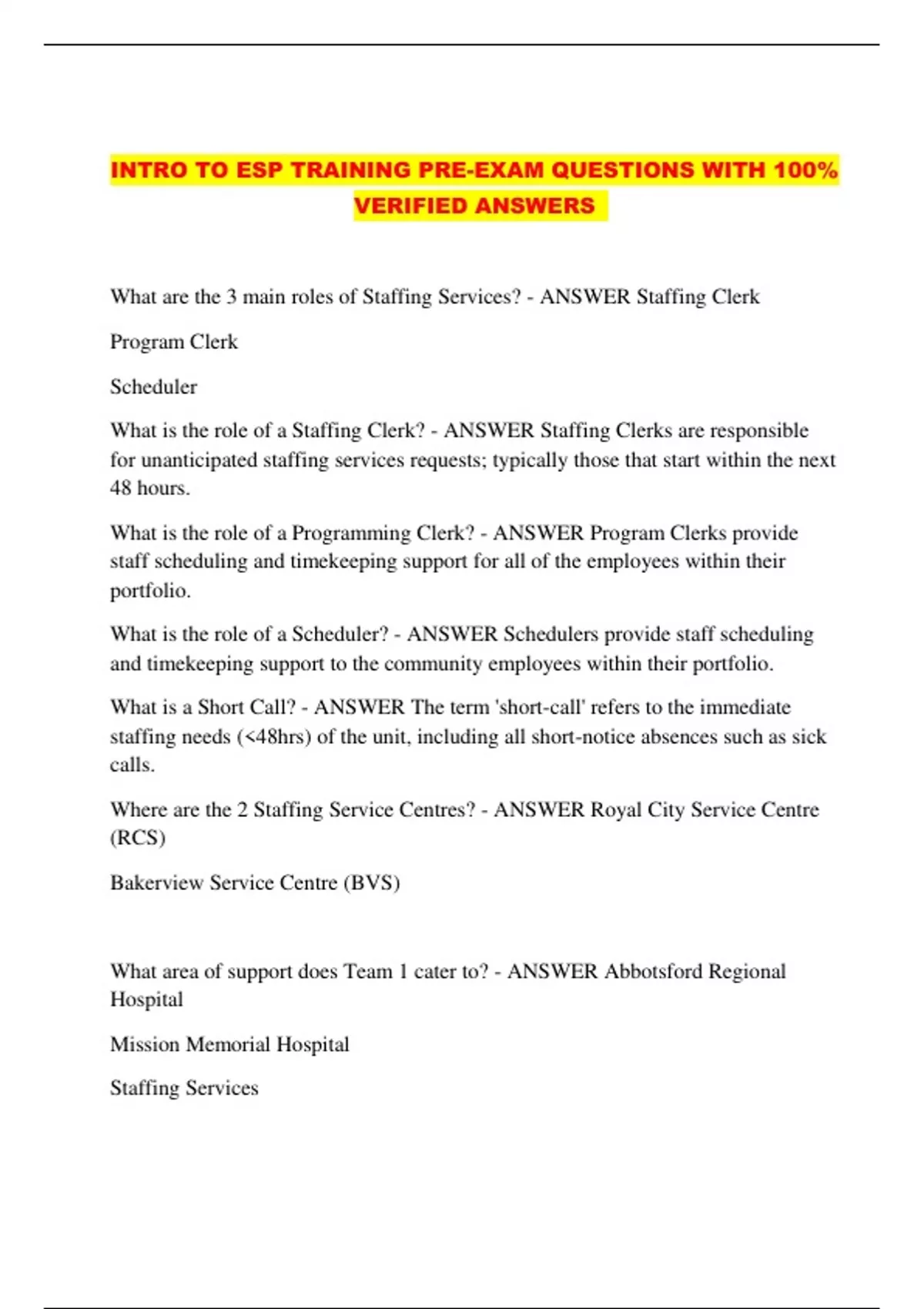 INTRO TO ESP TRAINING PRE-EXAM QUESTIONS WITH 100% VERIFIED ANSWERS ...