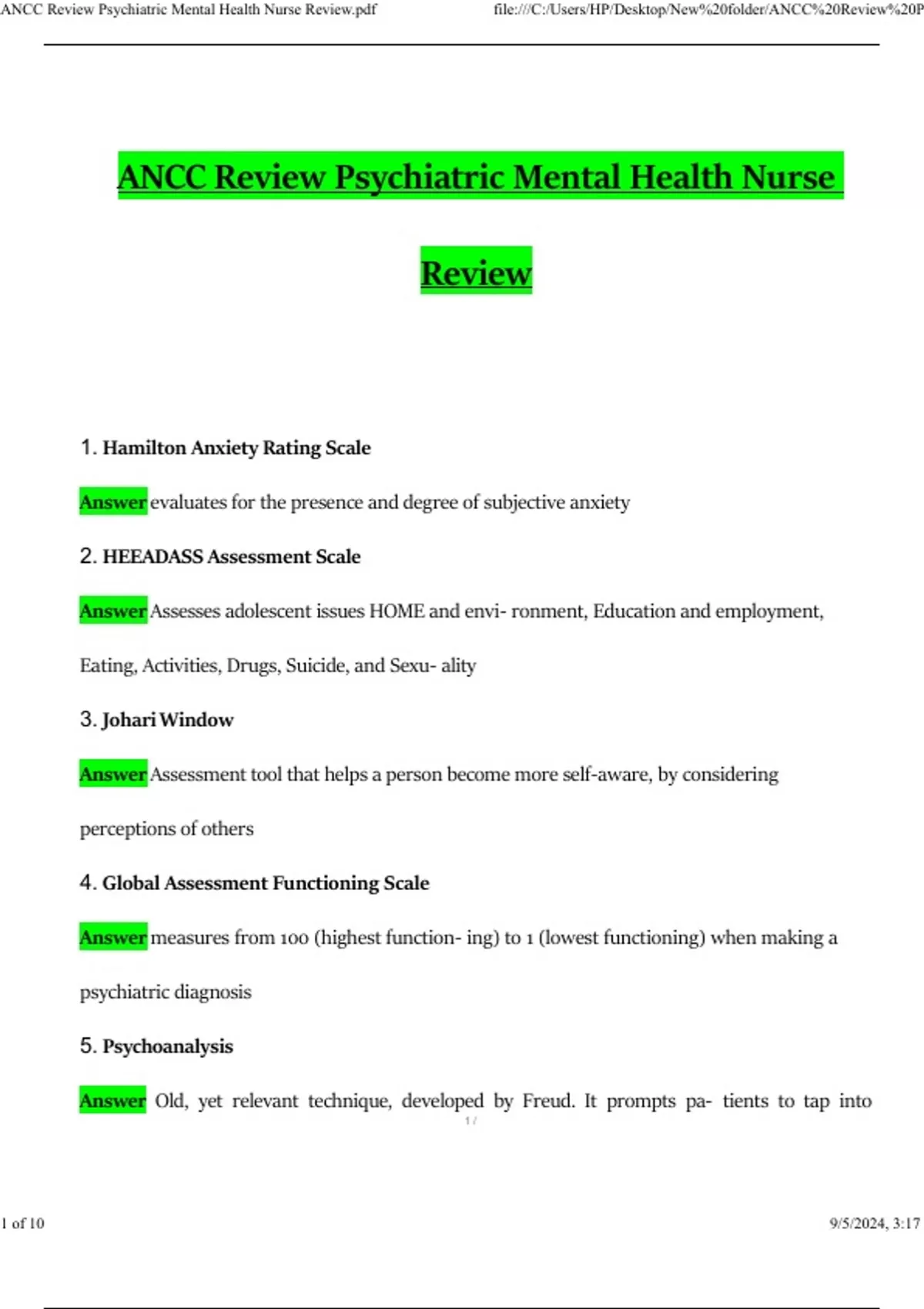 ANCC Review Psychiatric Mental Health Nurse Review (2024 / 2025 ...