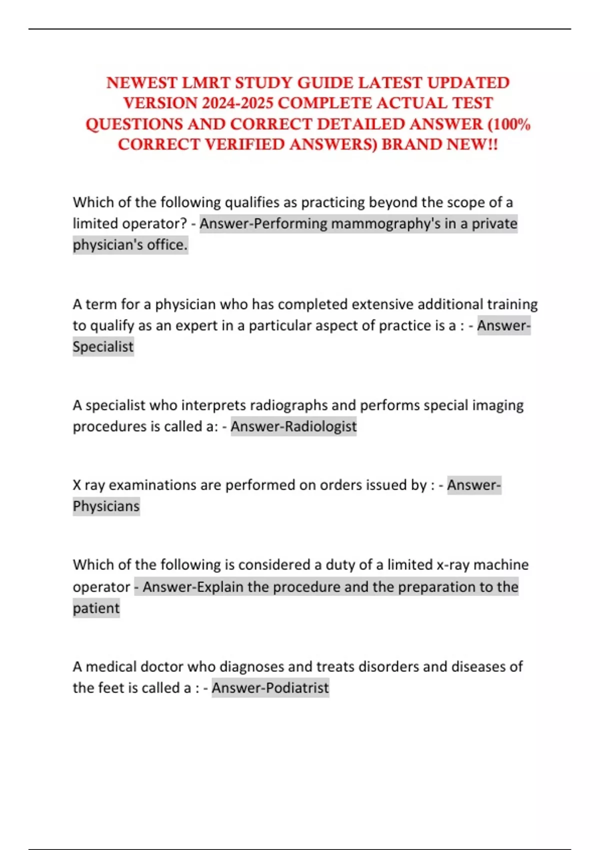NEWEST LMRT STUDY GUIDE LATEST UPDATED VERSION COMPLETE ACTUAL TEST ...