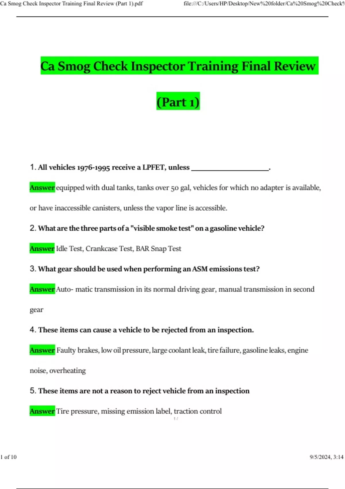 Smog Check Inspector Training Final Review (Part 1) Exam Ca 2024 ...