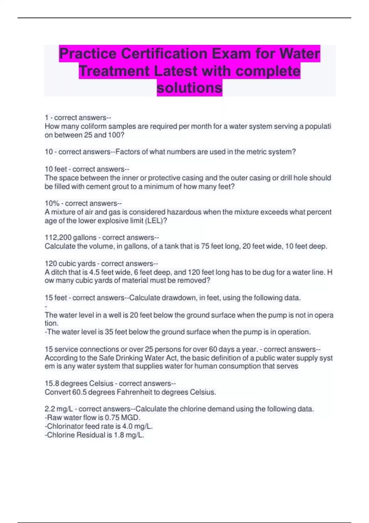 Practice Certification Exam for Water Treatment Latest with complete ...