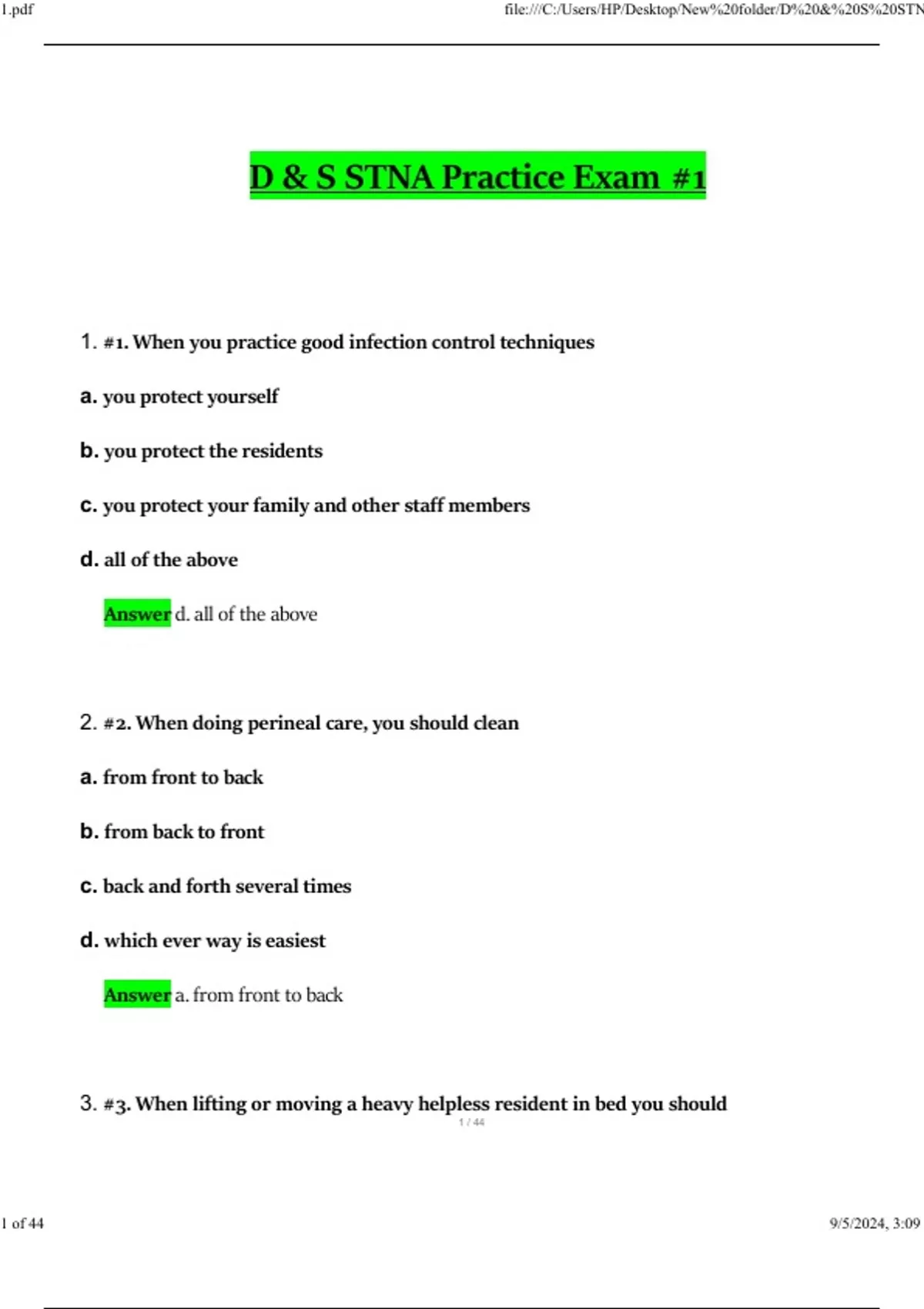 D & S STNA Practice Exam 1 Updated Questions and Verified Answers, 100% ...