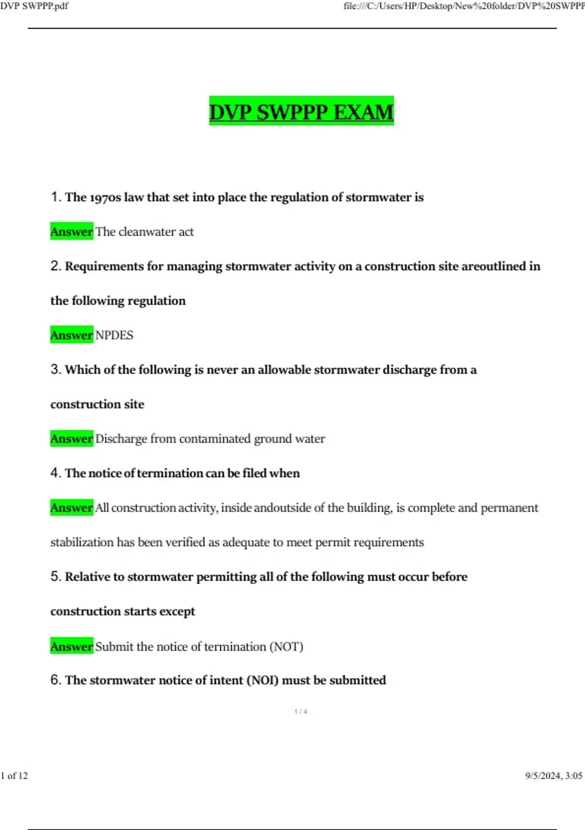 DVP SWPPP EXAM 2024 Updated Questions and Verified Answers, 100% ...
