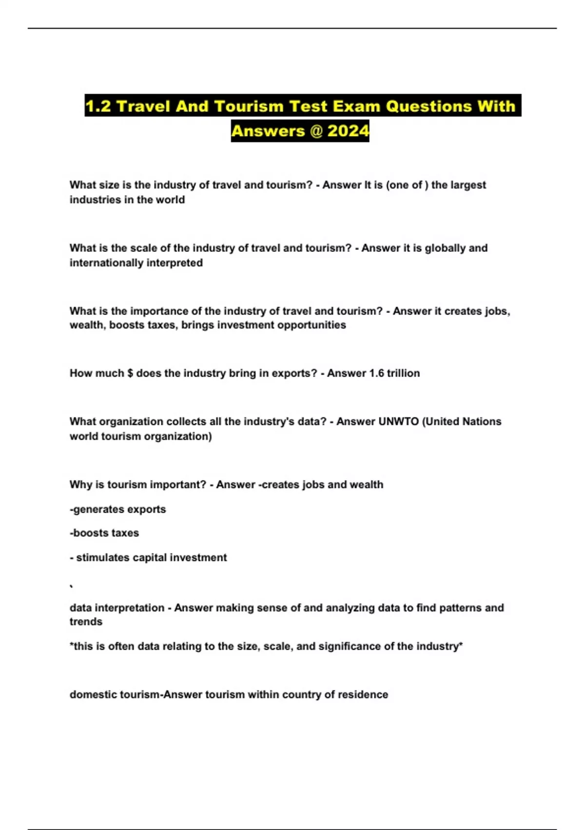 1.2 Travel And Tourism Test Exam Questions With Answers @ 2024 - 1.2 ...