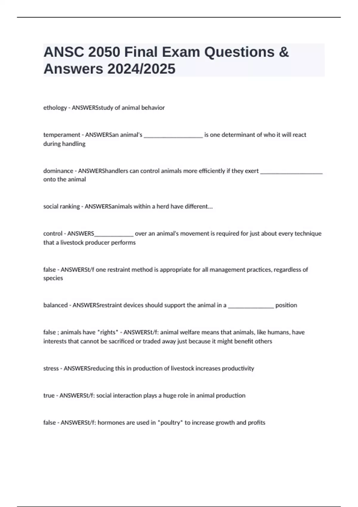 ANSC 2050 Final Exam Questions & Answers 2024/2025 - ANSC 2050 - Stuvia US