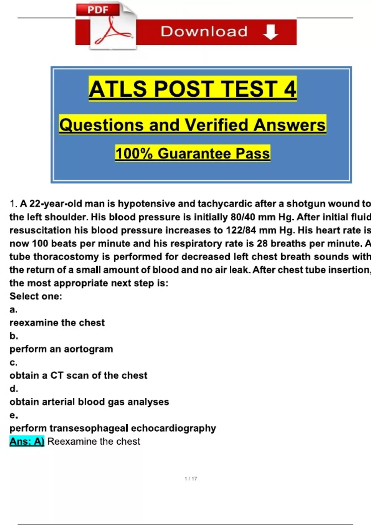 ATLS 10th Edition Post Test 4 Actual Questions with Verified Answers ...