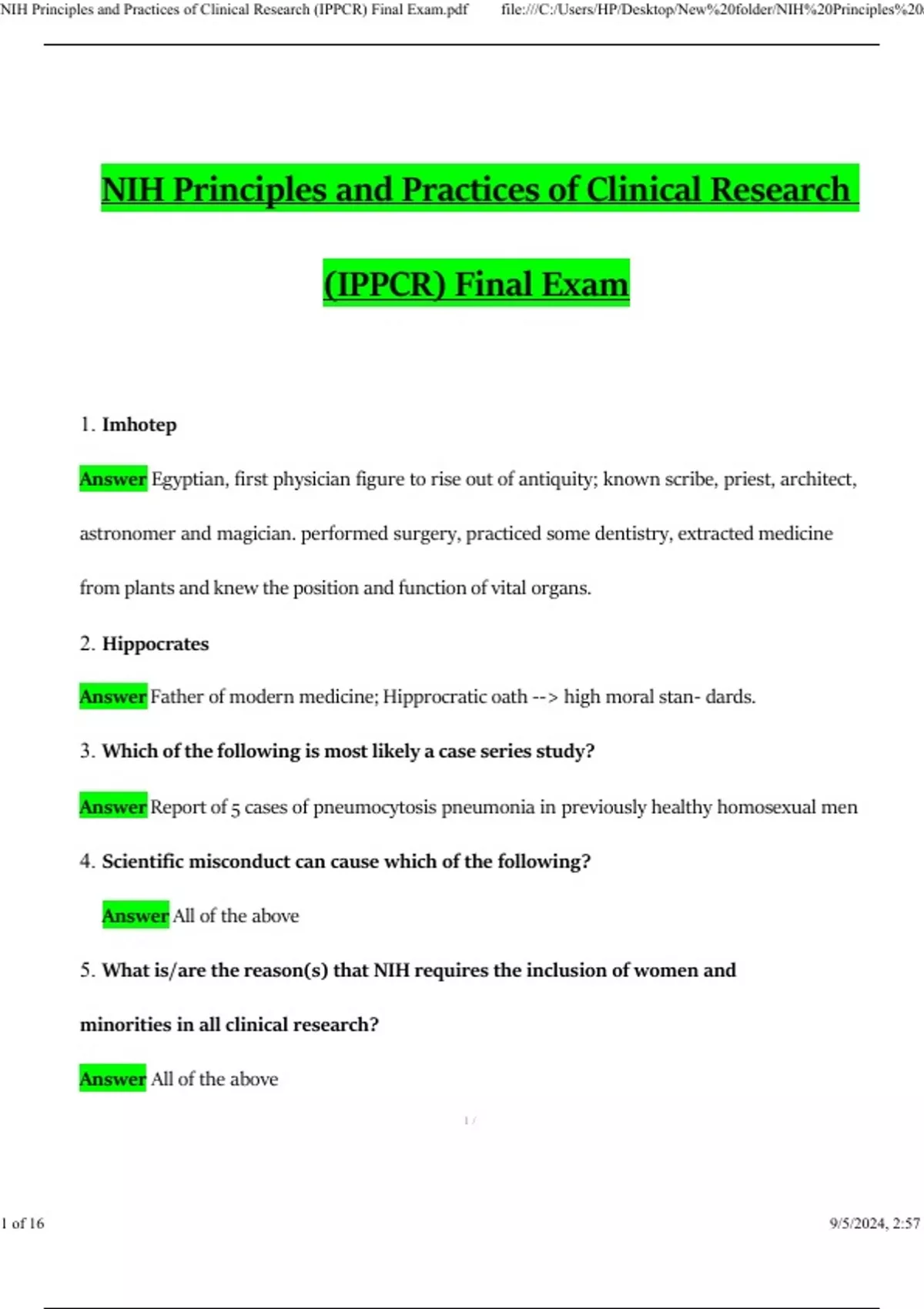 NIH Principles and Practices of Clinical Research (IPPCR) Final Exam 2024 Questions and Verified ...