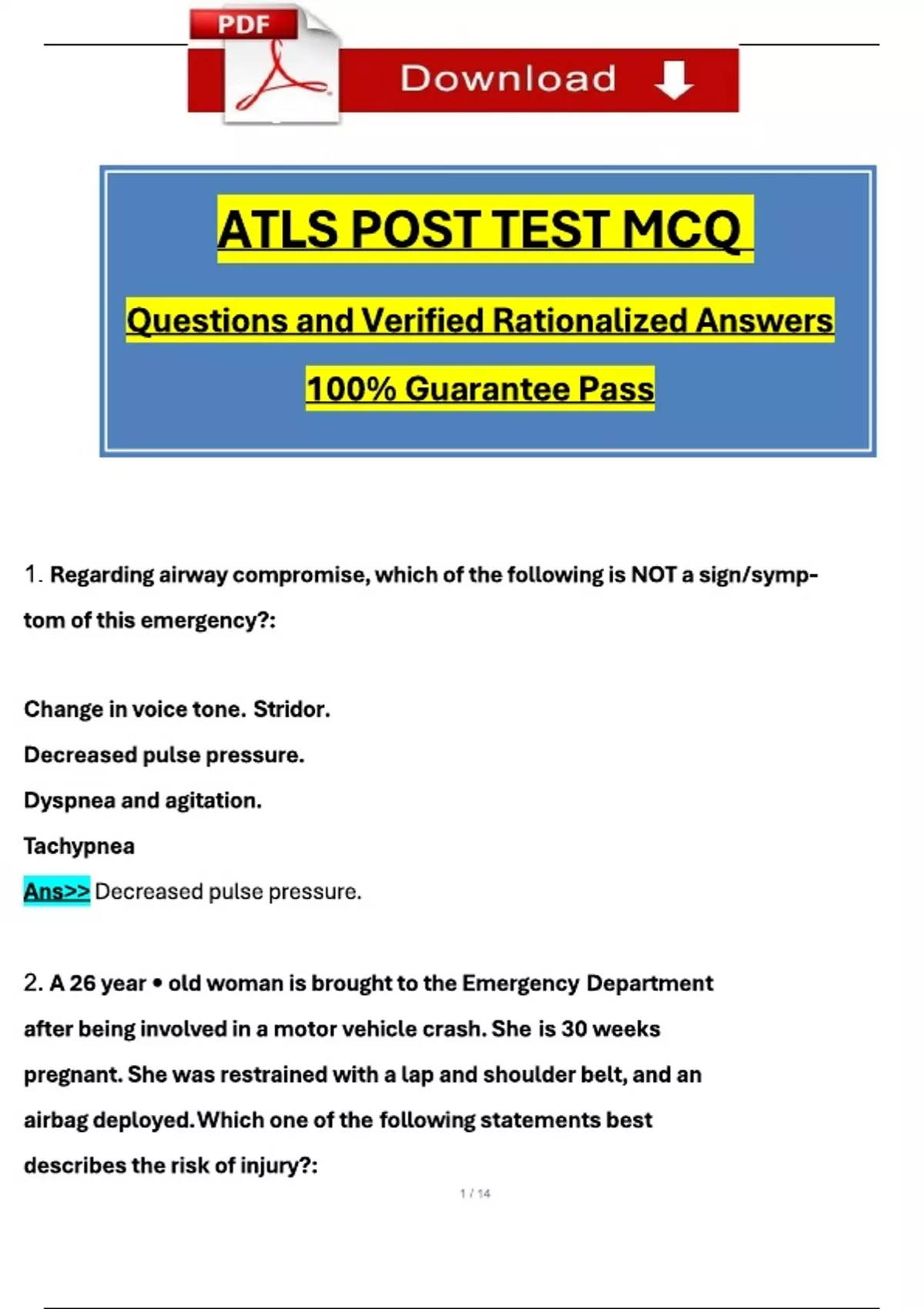 ATLS 10th Edition Post Test MCQ Actual Questions with Verified Answers ...