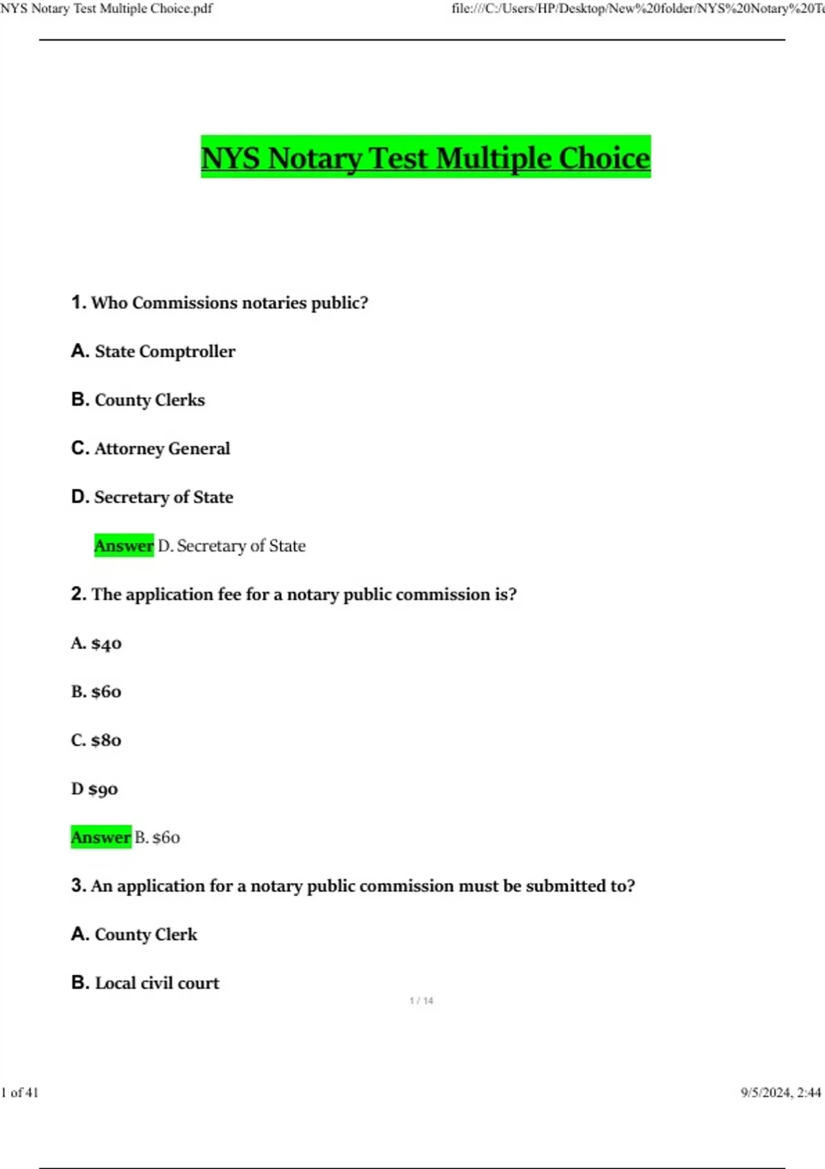 NYS Notary Test Multiple Choice 2024 With 100% Correct Answers ...