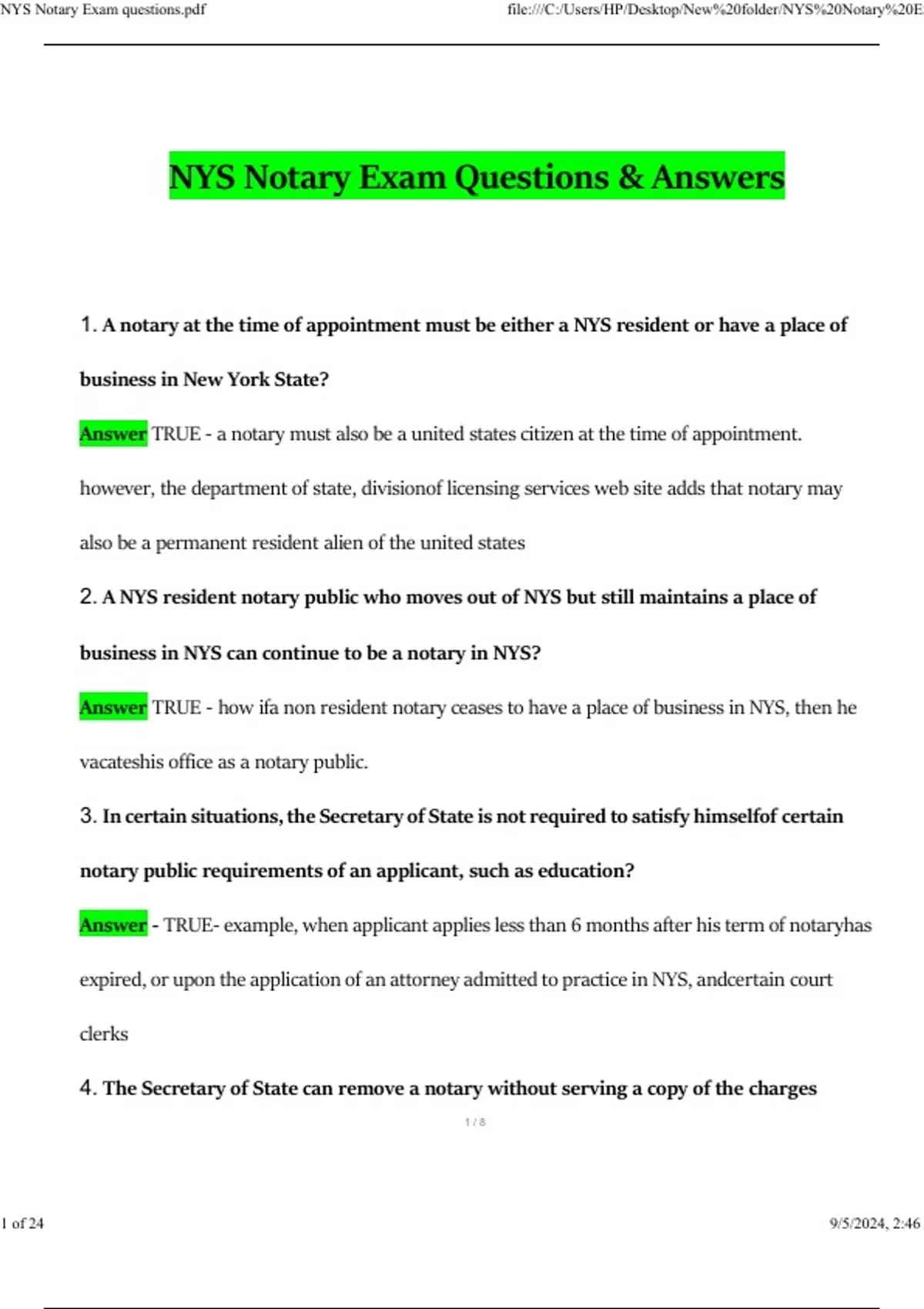 NYS Notary Exam 2024 With 100% Correct Answers Guarantee Pass - NYS ...