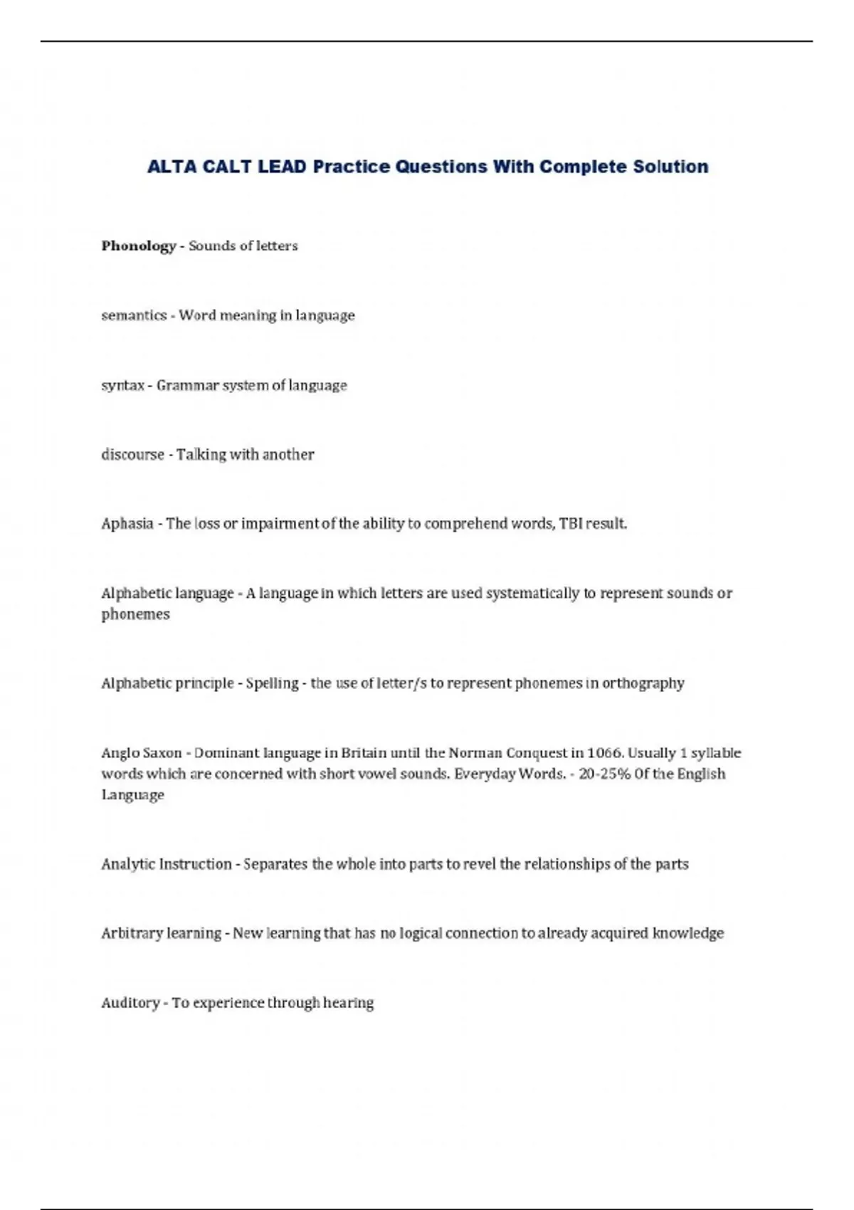 ALTA CALT LEAD Practice Questions With Complete Solution - ALTA CALT - Stuvia US