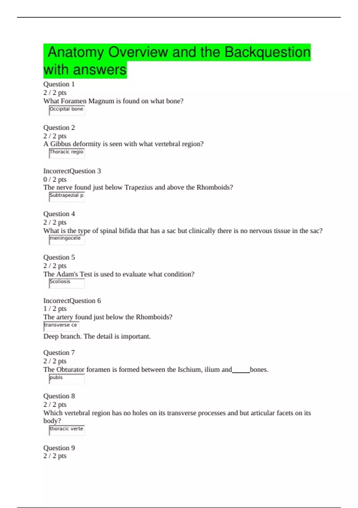 Anatomy Overview and the Backquestion with answers - Oncology Nursing ...