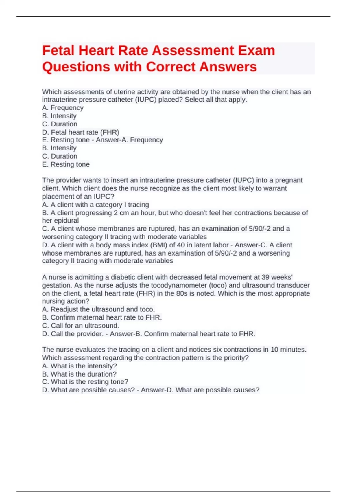Fetal Heart Rate Assessment Exam Questions with Correct Answers - NCC ...
