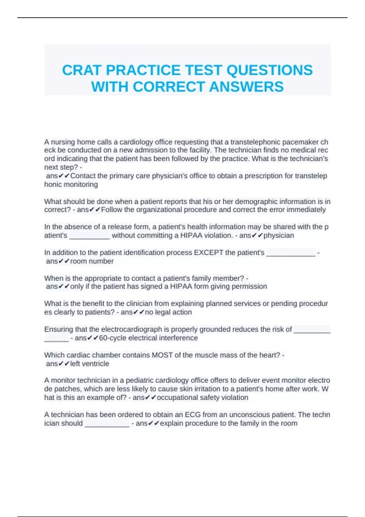CRAT PRACTICE TEST QUESTIONS WITH CORRECT ANSWERS - CRAT - Stuvia US
