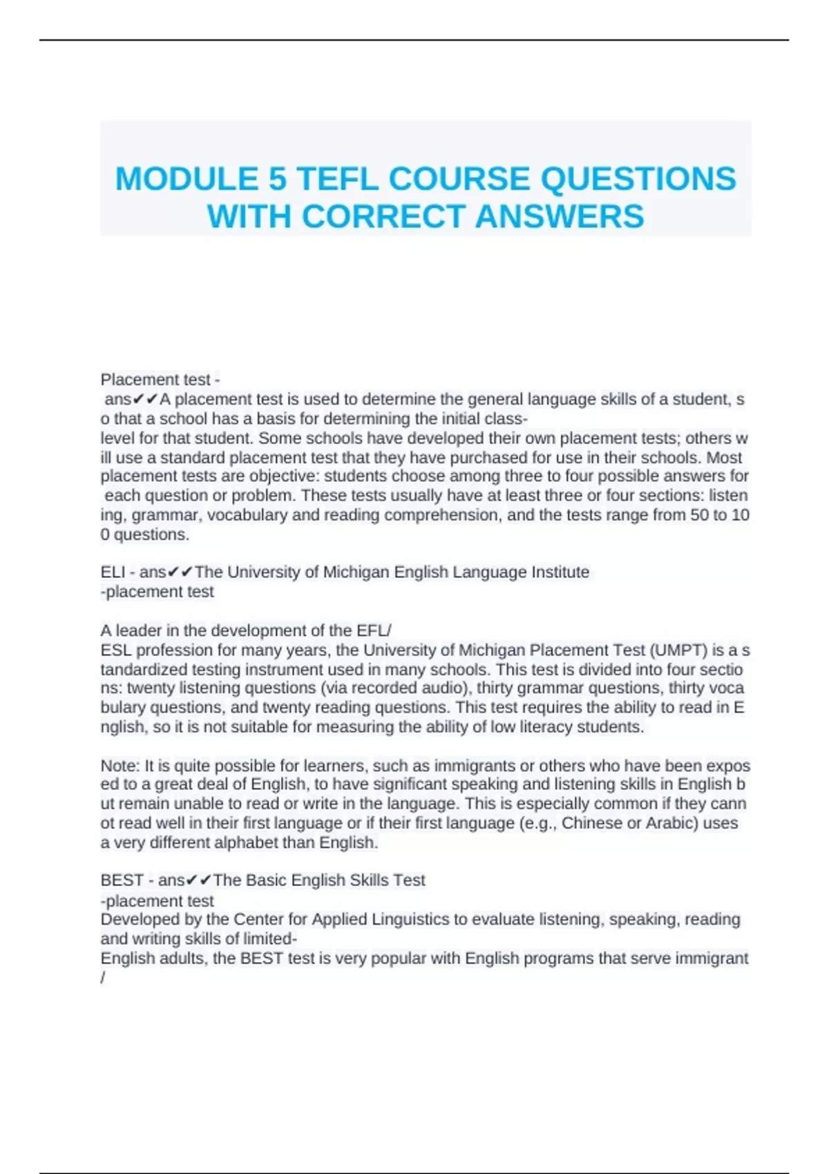 MODULE 5 TESOL/TEFL QUESTIONS WITH CORRECT ANSWERS - Level 5 TEFL ...
