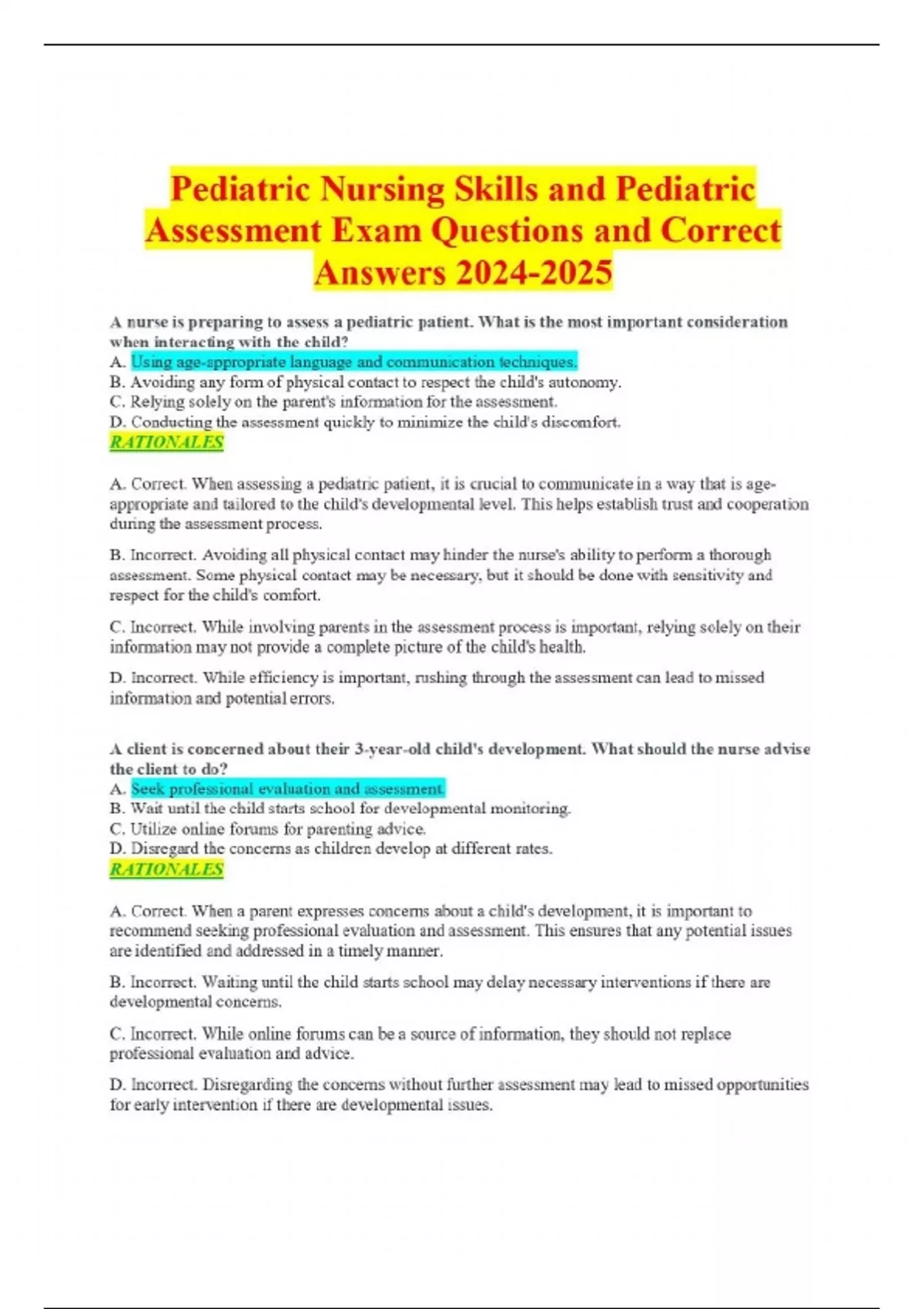 Pediatric Nursing Skills and Pediatric Assessment Exam Questions and ...