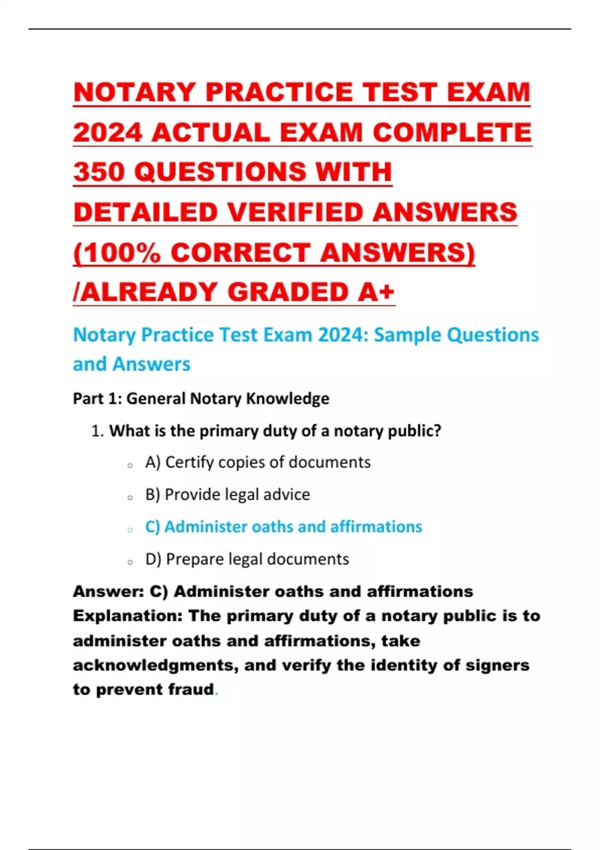 NOTARY PRACTICE TEST EXAM 2024 ACTUAL EXAM COMPLETE QUESTIONS WITH ...