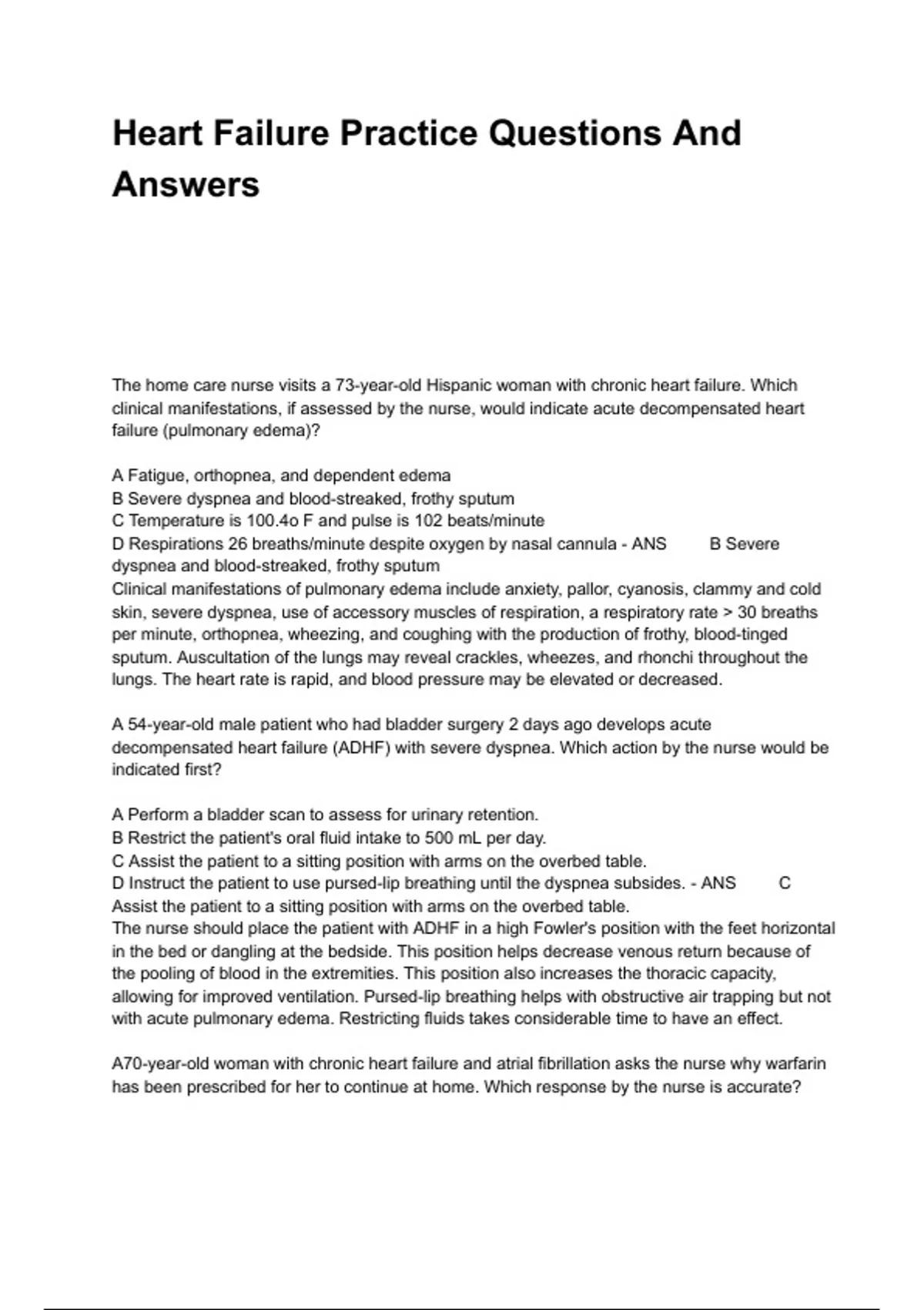 Heart Failure Practice Questions And Answers - Heart Failure - Stuvia US