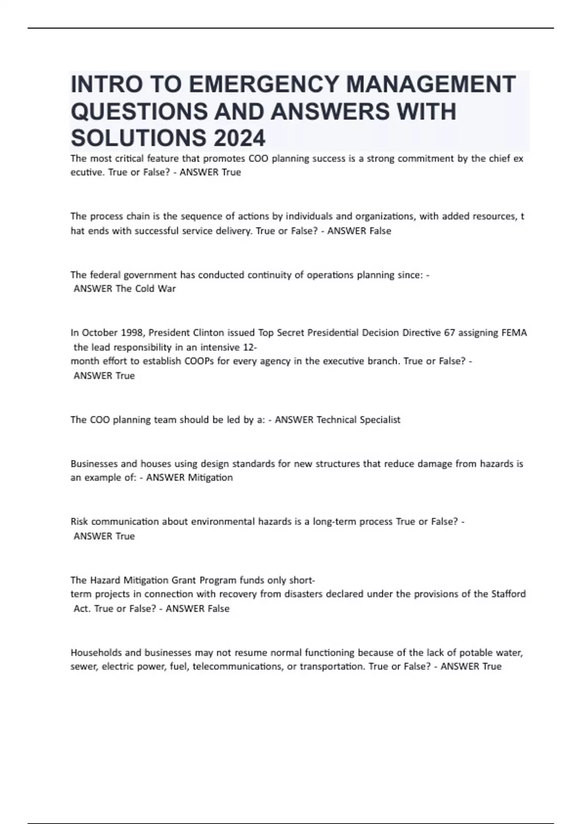 INTRO TO EMERGENCY MANAGEMENT QUESTIONS AND ANSWERS WITH SOLUTIONS 2024 ...