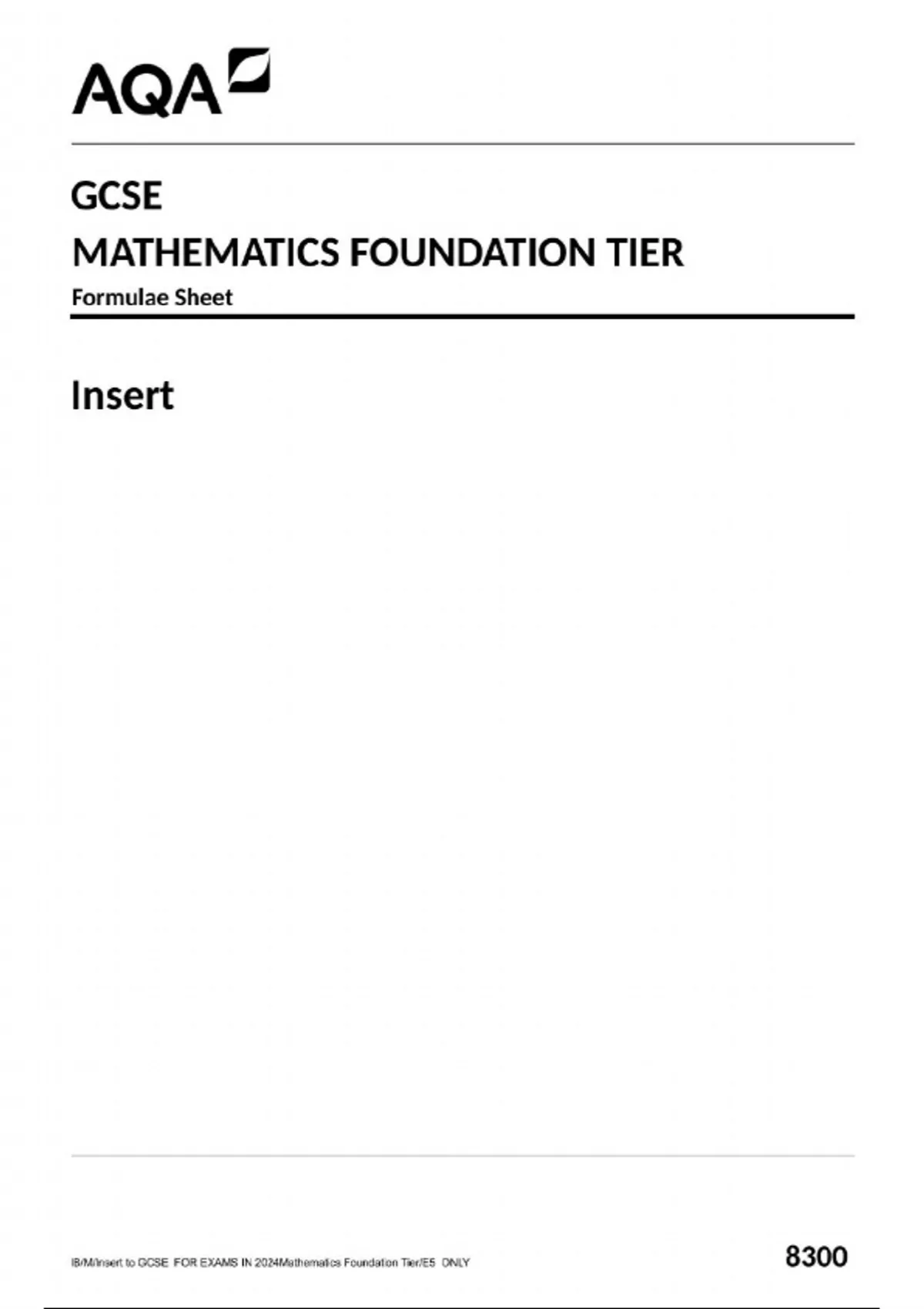 GCSE AQA 2024 Mathematics Foundation Tier Formulae Paper 2 Insert Sheet ...