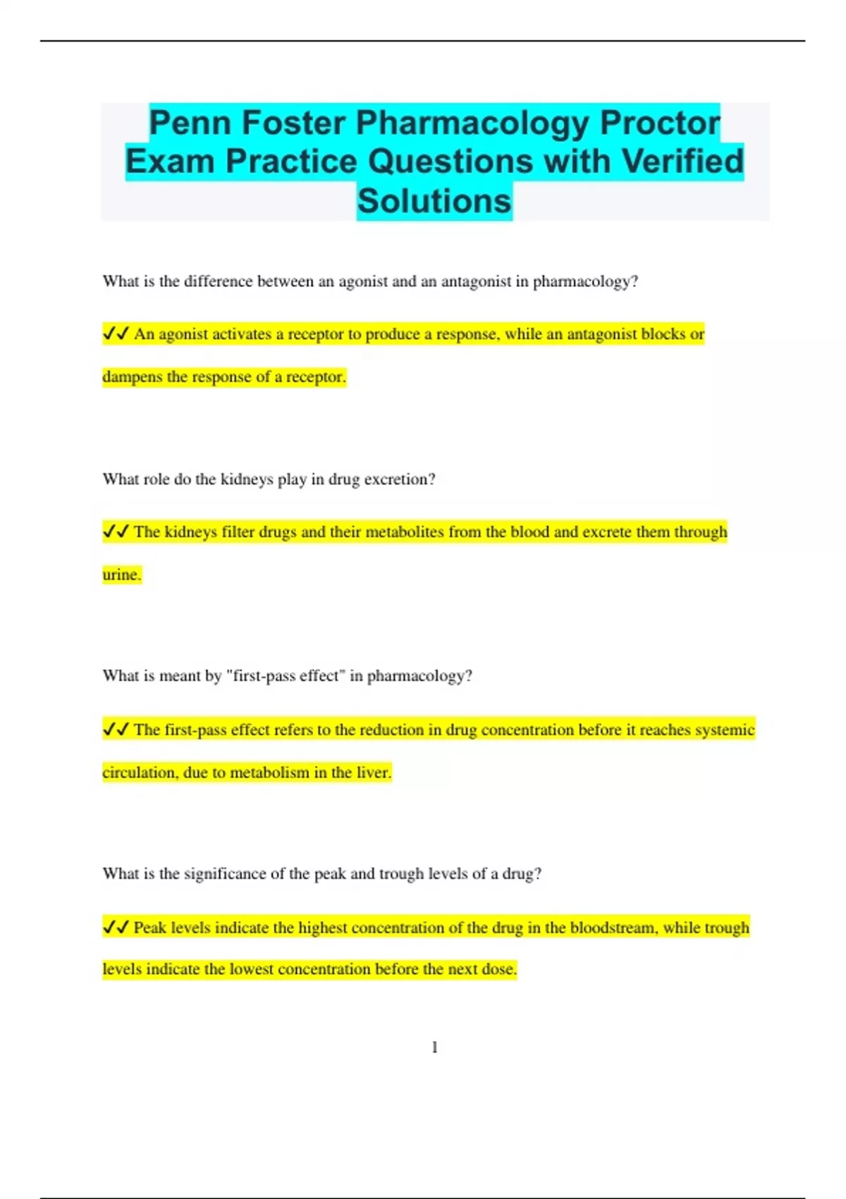 Penn Foster Pharmacology Proctor Exam Practice Questions with Verified ...