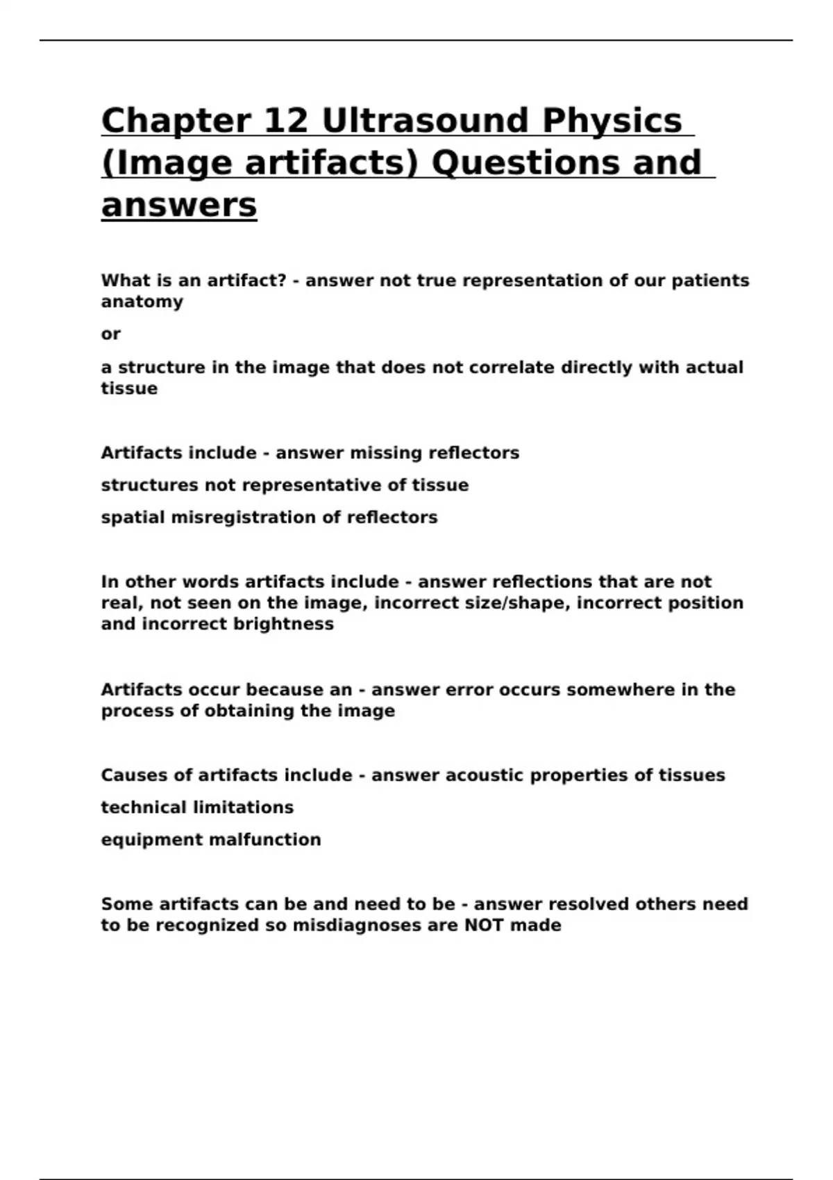 Chapter 12 Ultrasound Physics (Image artifacts) Questions and answers - Sonography - Stuvia US