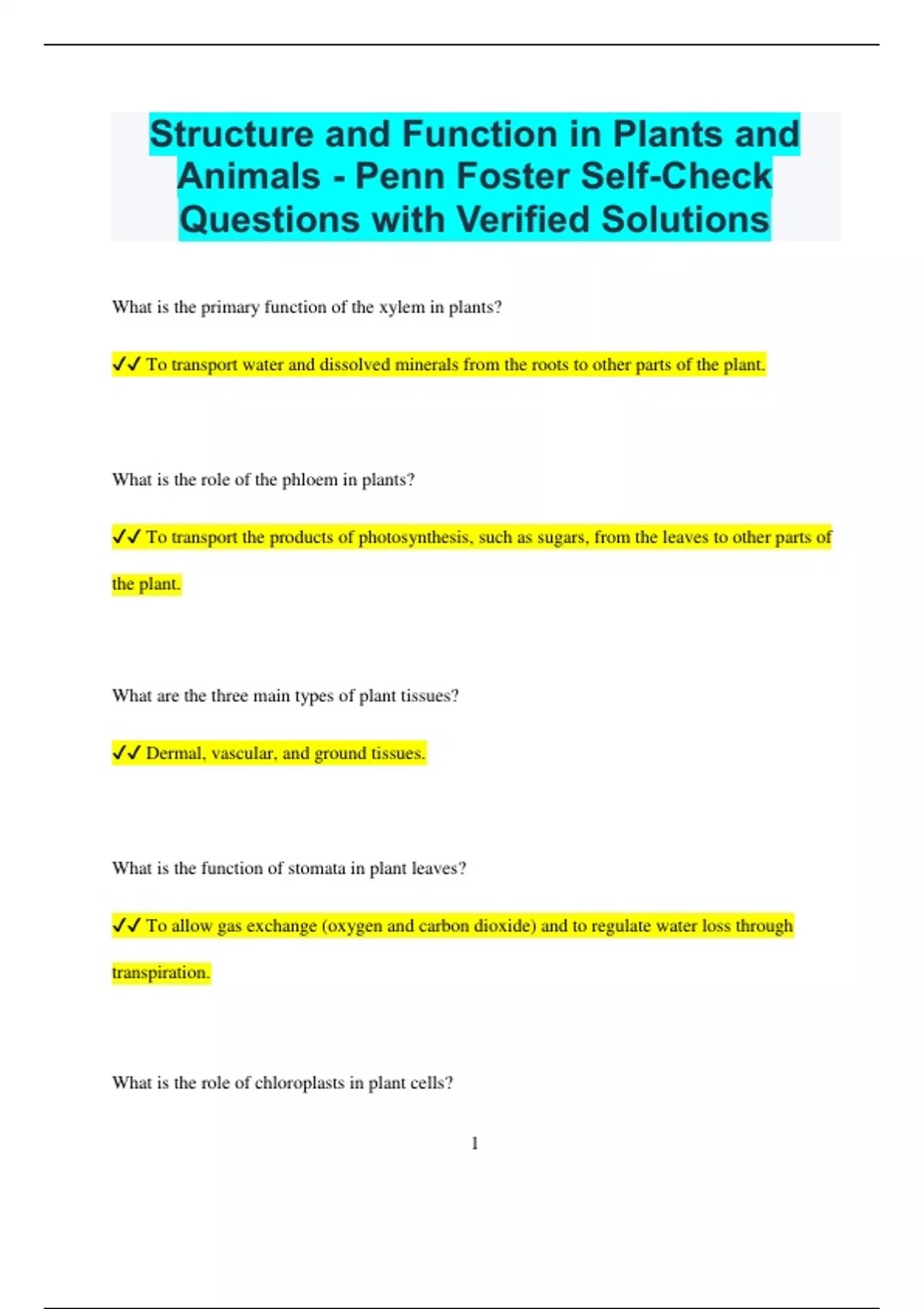 Structure and Function in Plants and Animals - Penn Foster Self-Check ...