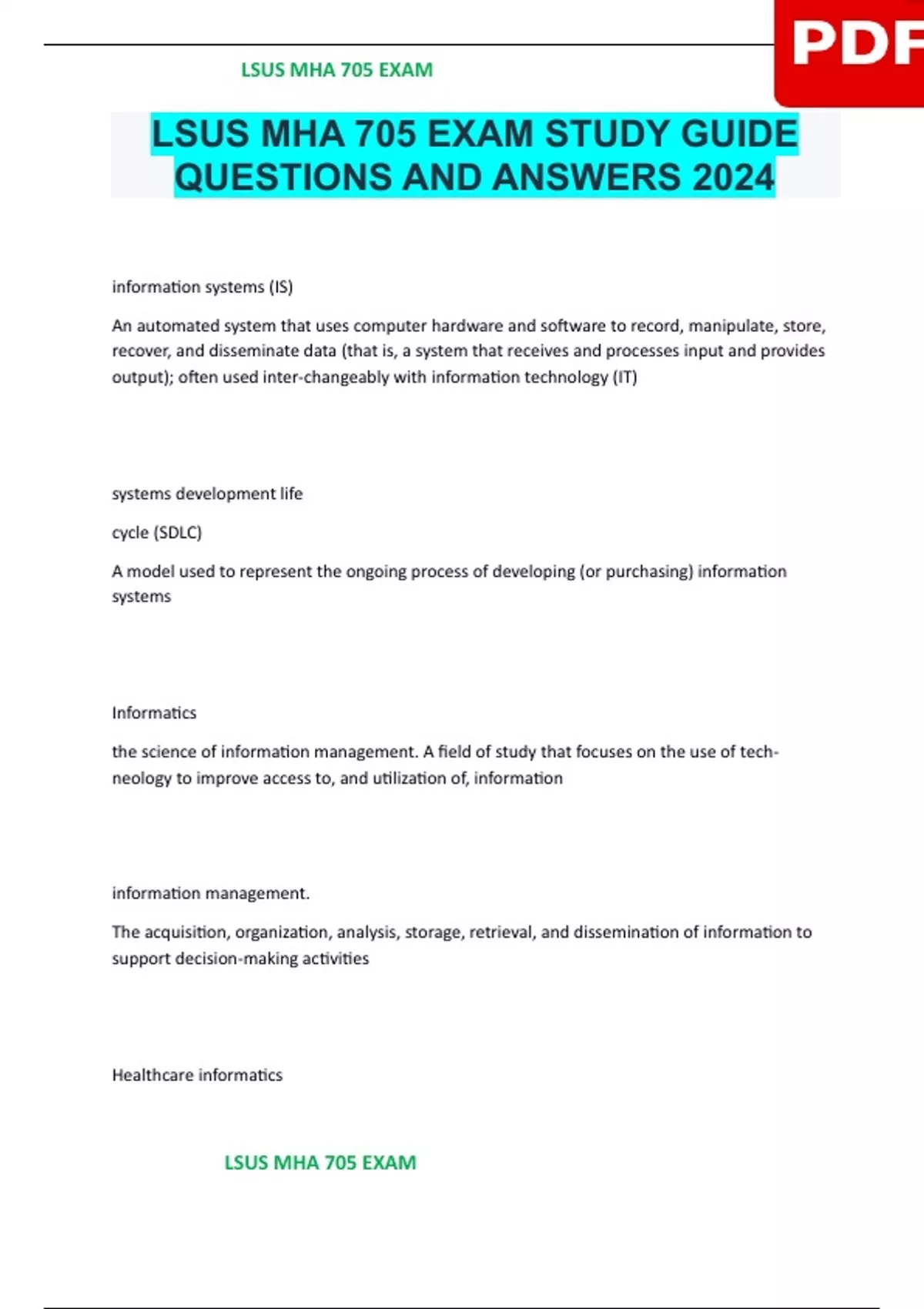 LSUS MHA 705 EXAM STUDY GUIDE QUESTIONS AND ANSWERS 2024 - LSUS MHA 705 ...
